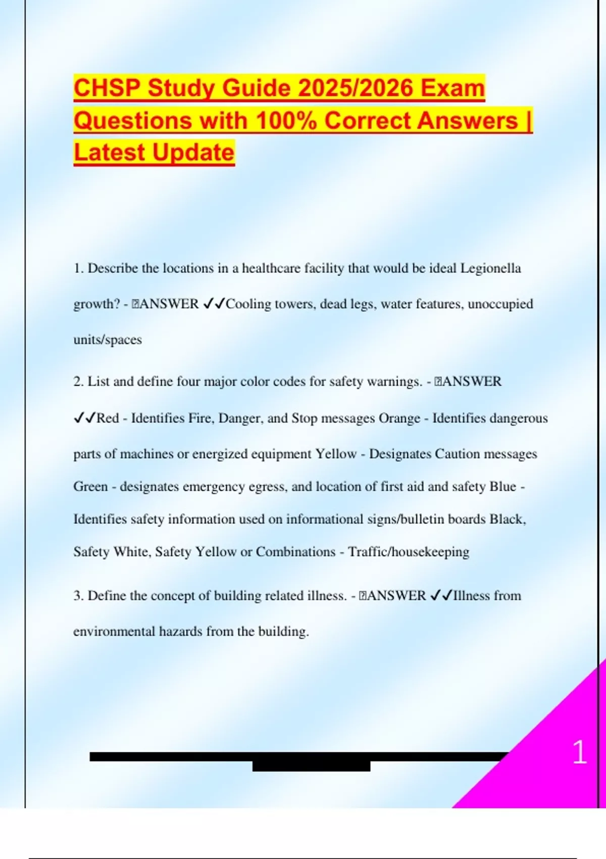 CHSP Study Guide 2025/2026 Exam Questions with 100% Correct Answers ...