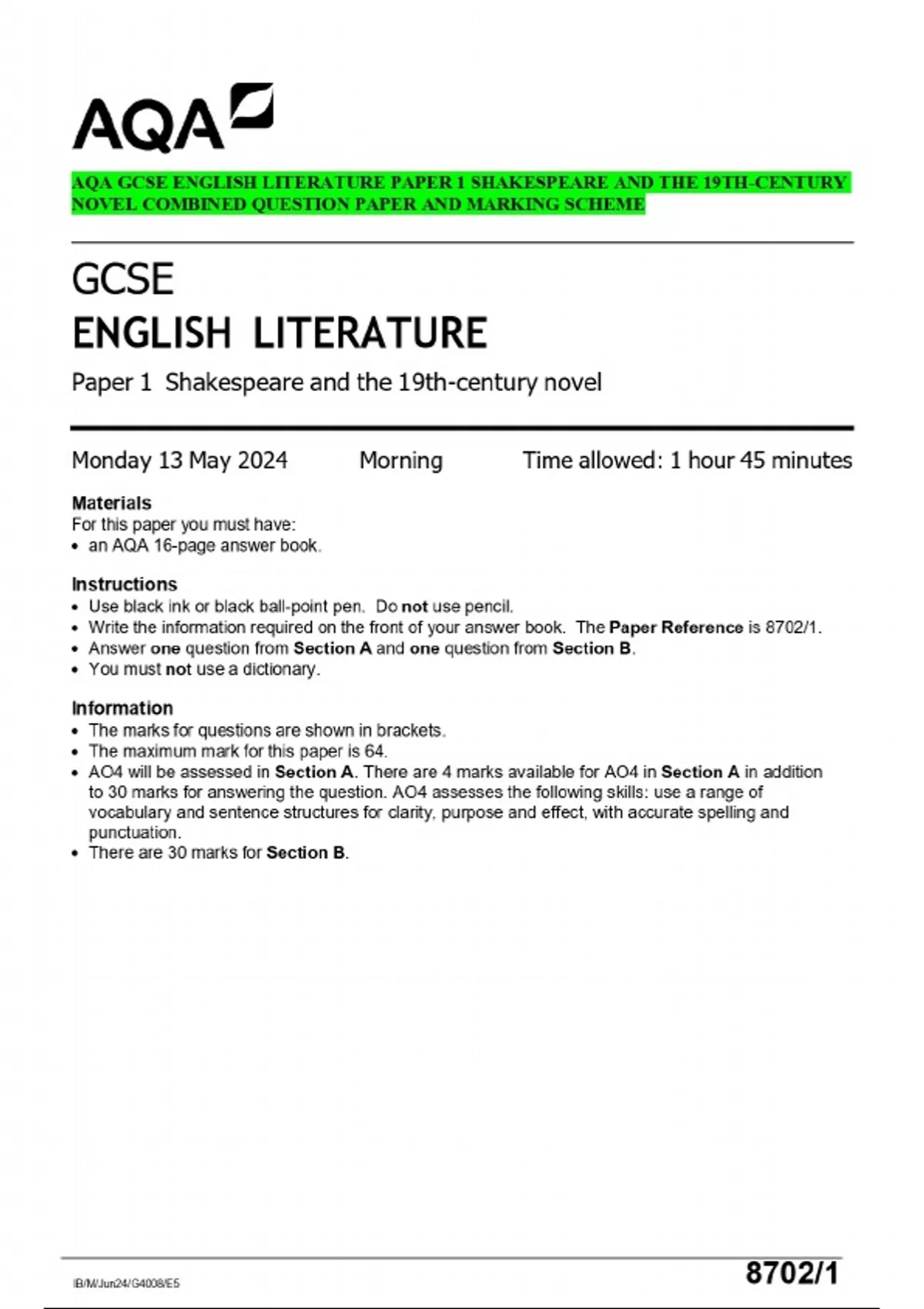 AQA GCSE ENGLISH LITERATURE PAPER 1 SHAKESPEARE AND THE 19TH-CENTURY ...