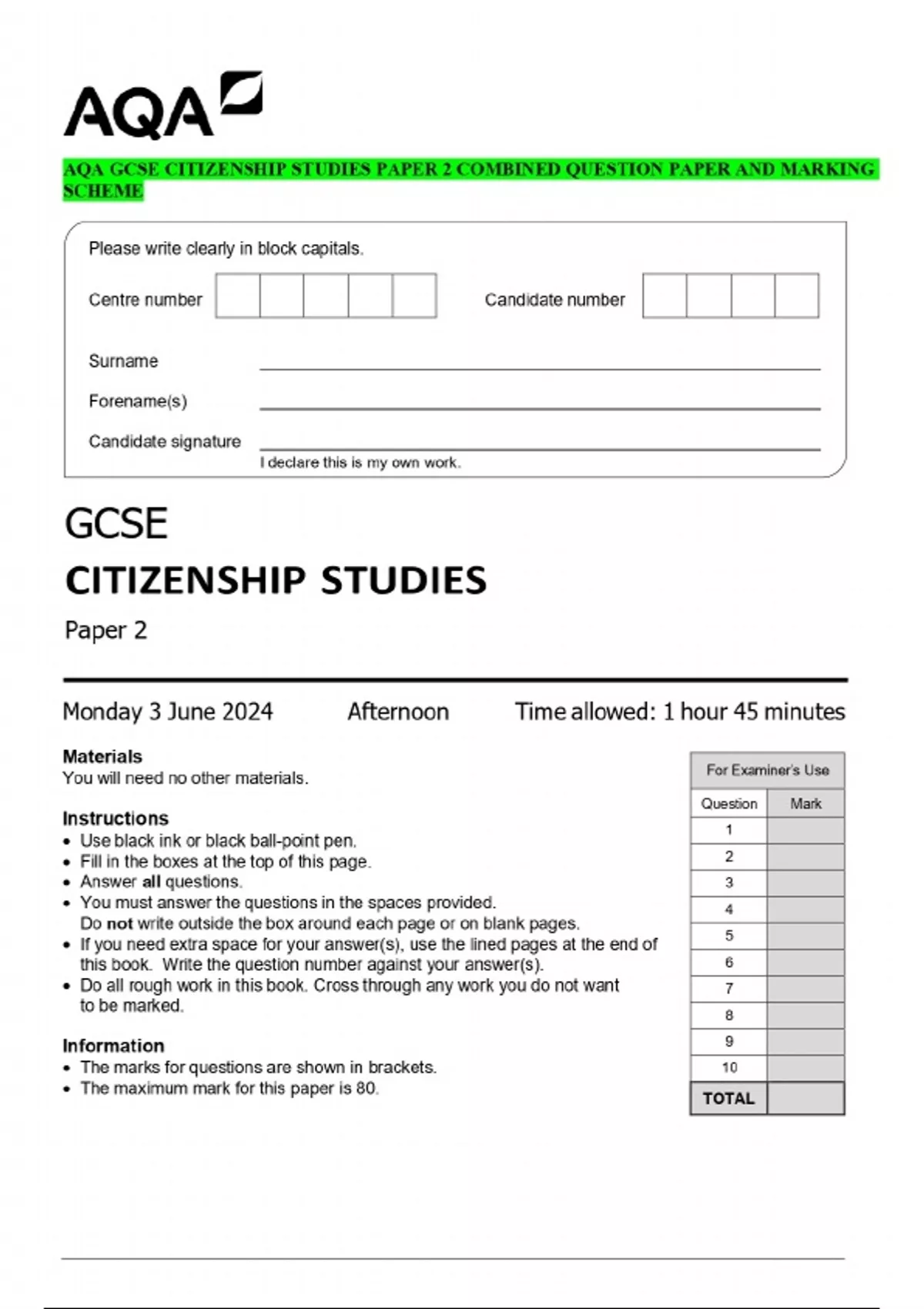 AQA GCSE CITIZENSHIP STUDIES PAPER 2 COMBINED QUESTION PAPER AND ...