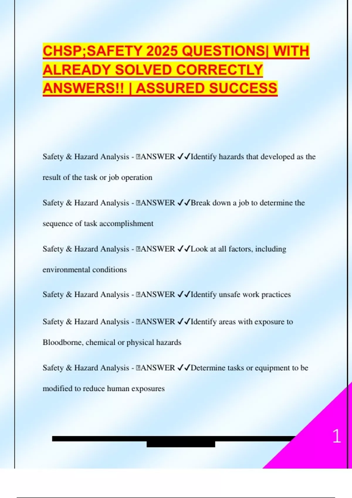 CHSP;SAFETY 2025 QUESTIONS| WITH ALREADY SOLVED CORRECTLY ANSWERS ...