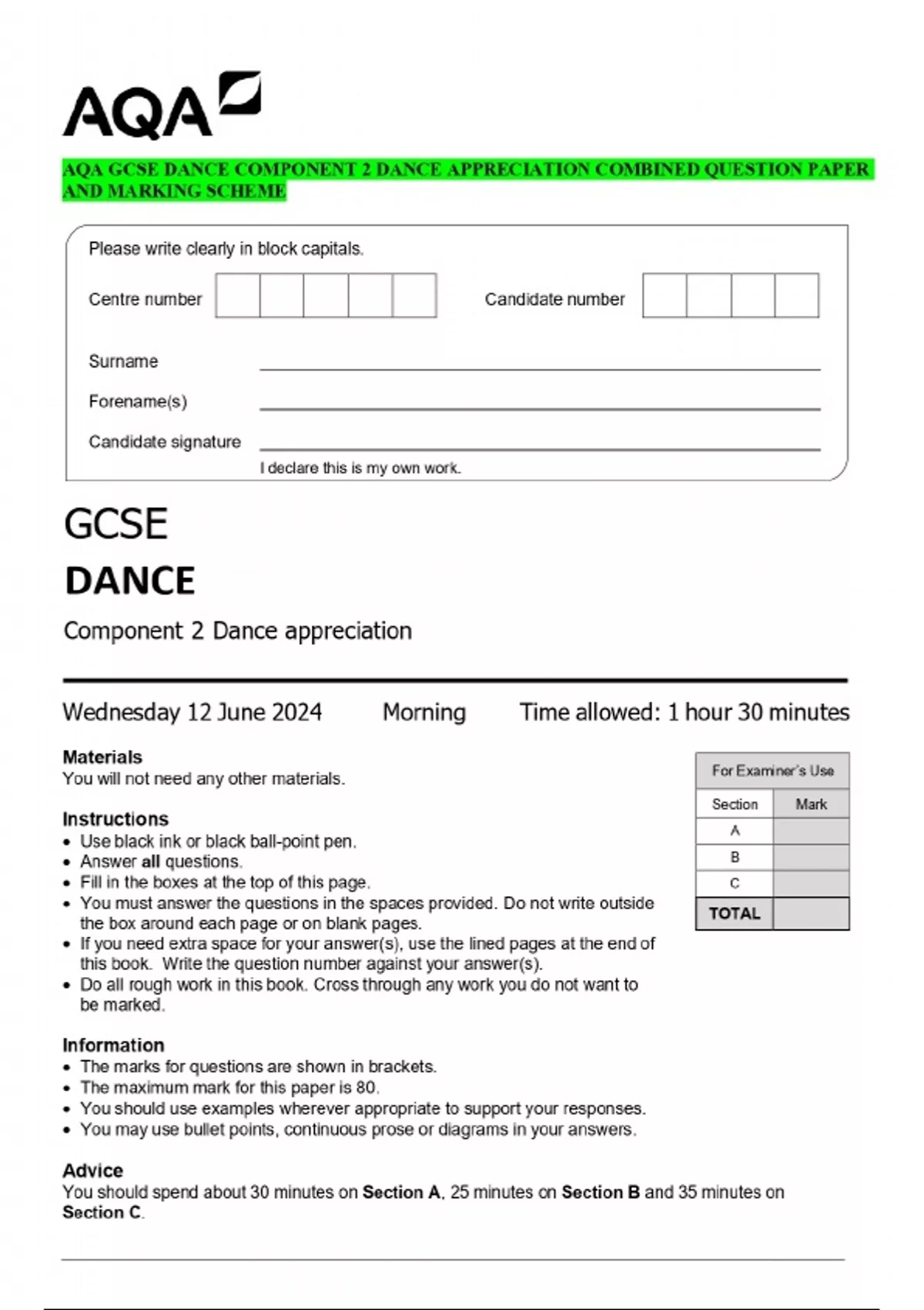 AQA GCSE DANCE COMPONENT 2 DANCE APPRECIATION COMBINED QUESTION PAPER ...