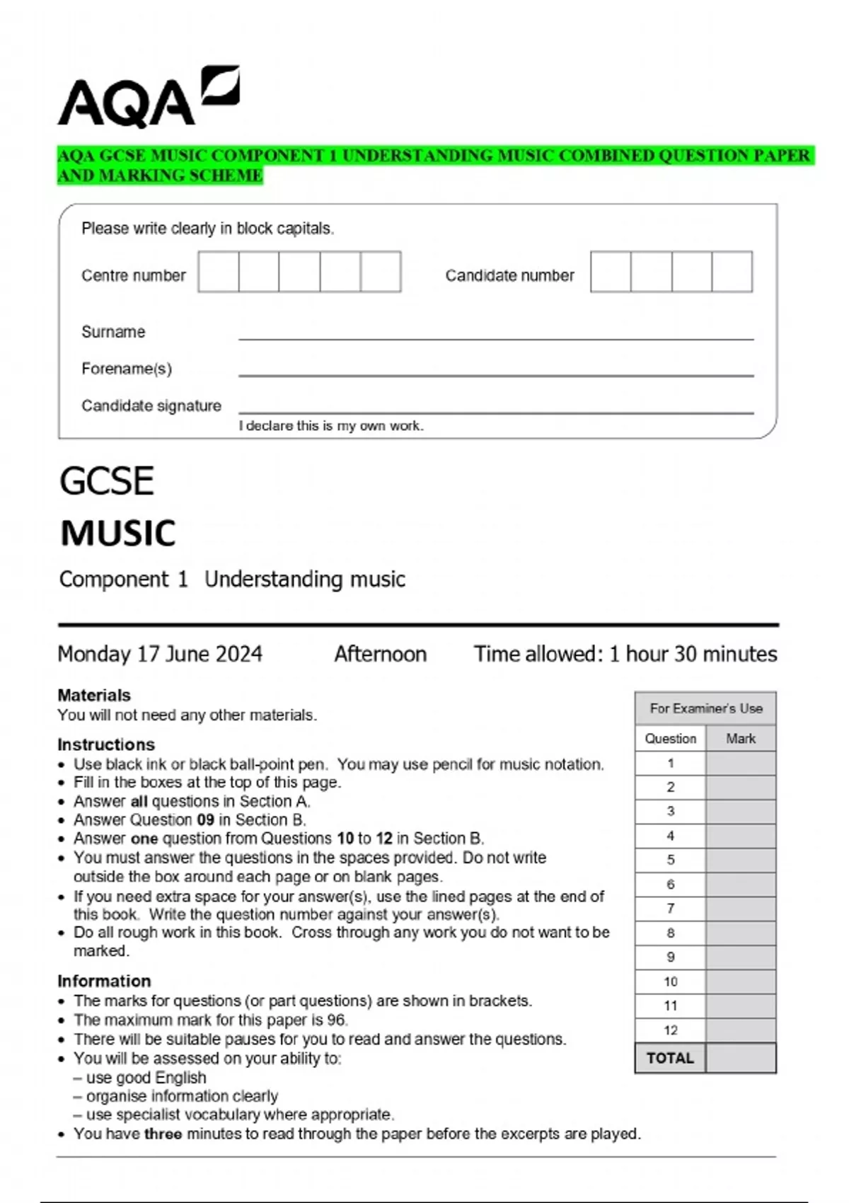 AQA GCSE MUSIC COMPONENT 1 UNDERSTANDING MUSIC COMBINED QUESTION PAPER ...