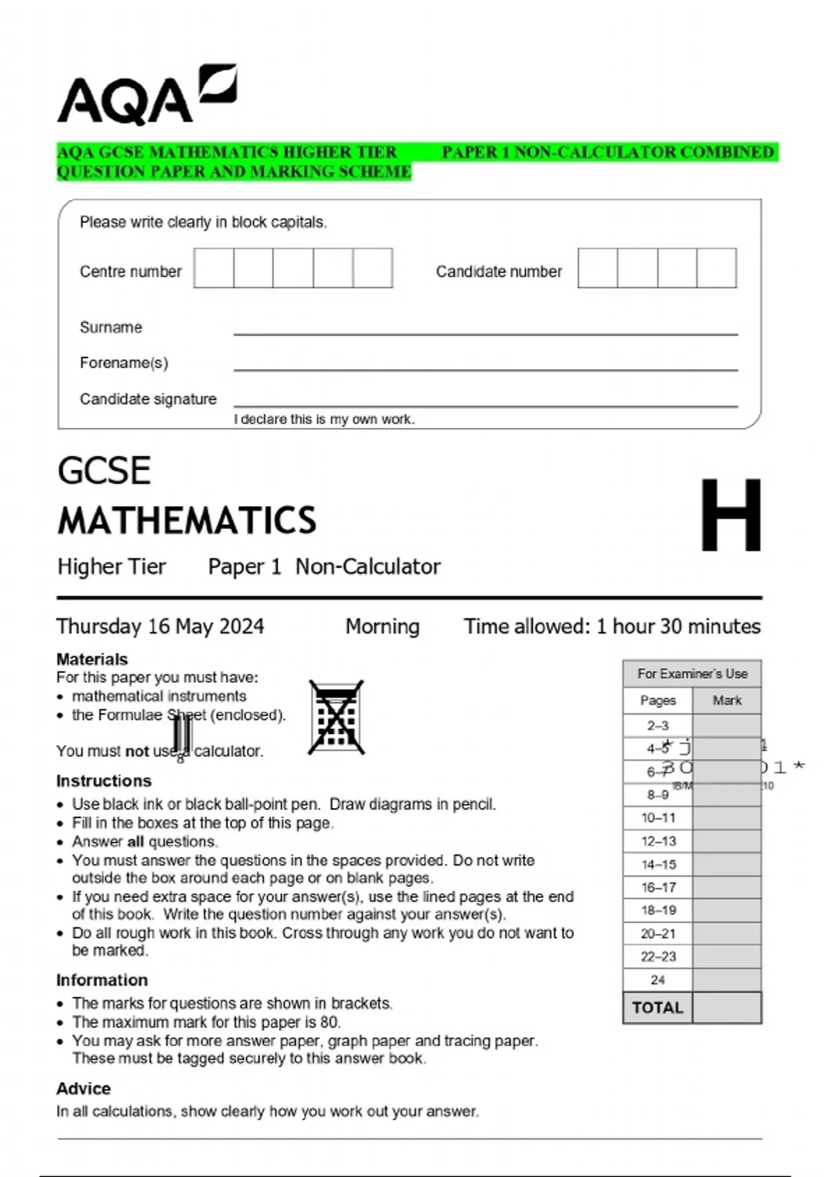 AQA GCSE MATHEMATICS HIGHER TIER PAPER 1 NON-CALCULATOR COMBINED ...