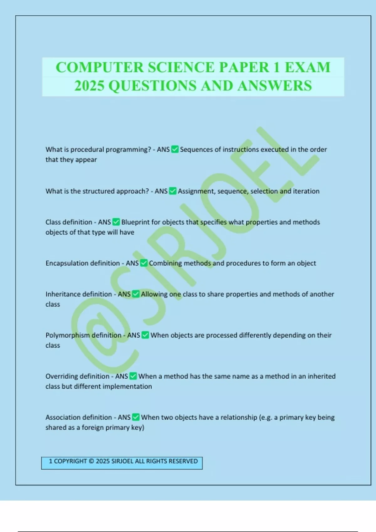 COMPUTER SCIENCE PAPER 1 EXAM 2025 QUESTIONS AND ANSWERS - COMPUTER ...