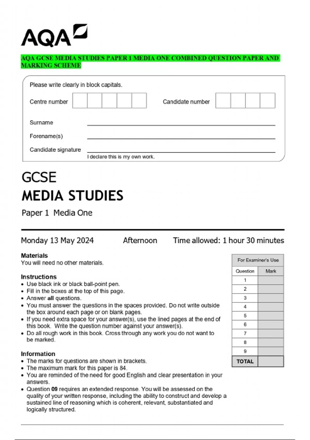 AQA GCSE MEDIA STUDIES PAPER 1 MEDIA ONE COMBINED QUESTION PAPER AND ...