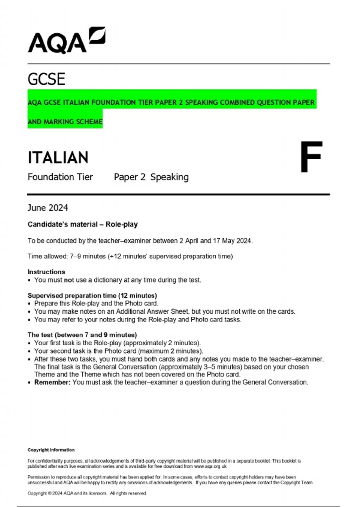 AQA GCSE ITALIAN FOUNDATION TIER PAPER 2 SPEAKING COMBINED QUESTION ...