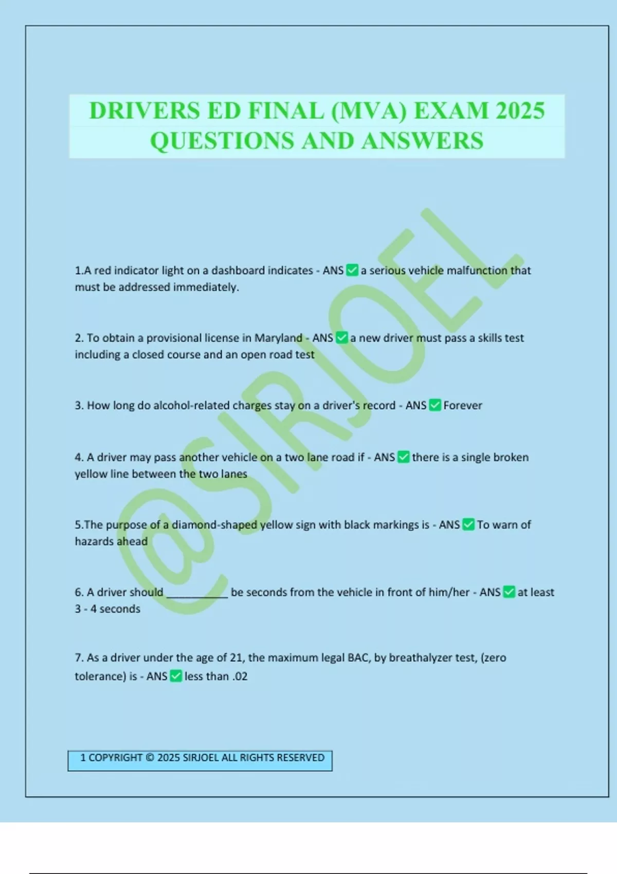 DRIVERS ED FINAL (MVA) EXAM 2025 QUESTIONS AND ANSWERS - DRIVERS ED ...