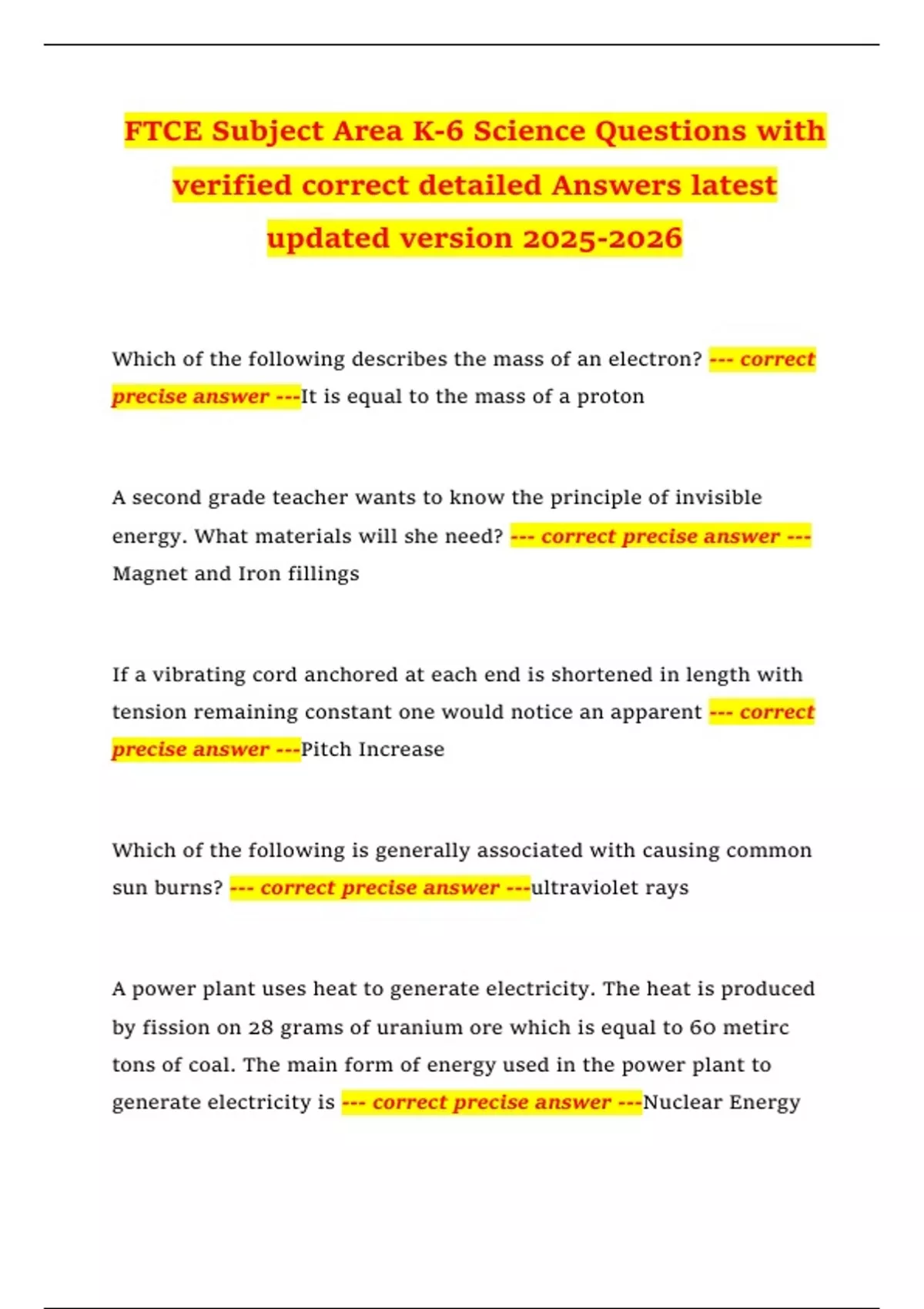FTCE Subject Area K-6 Science Questions with verified correct detailed ...