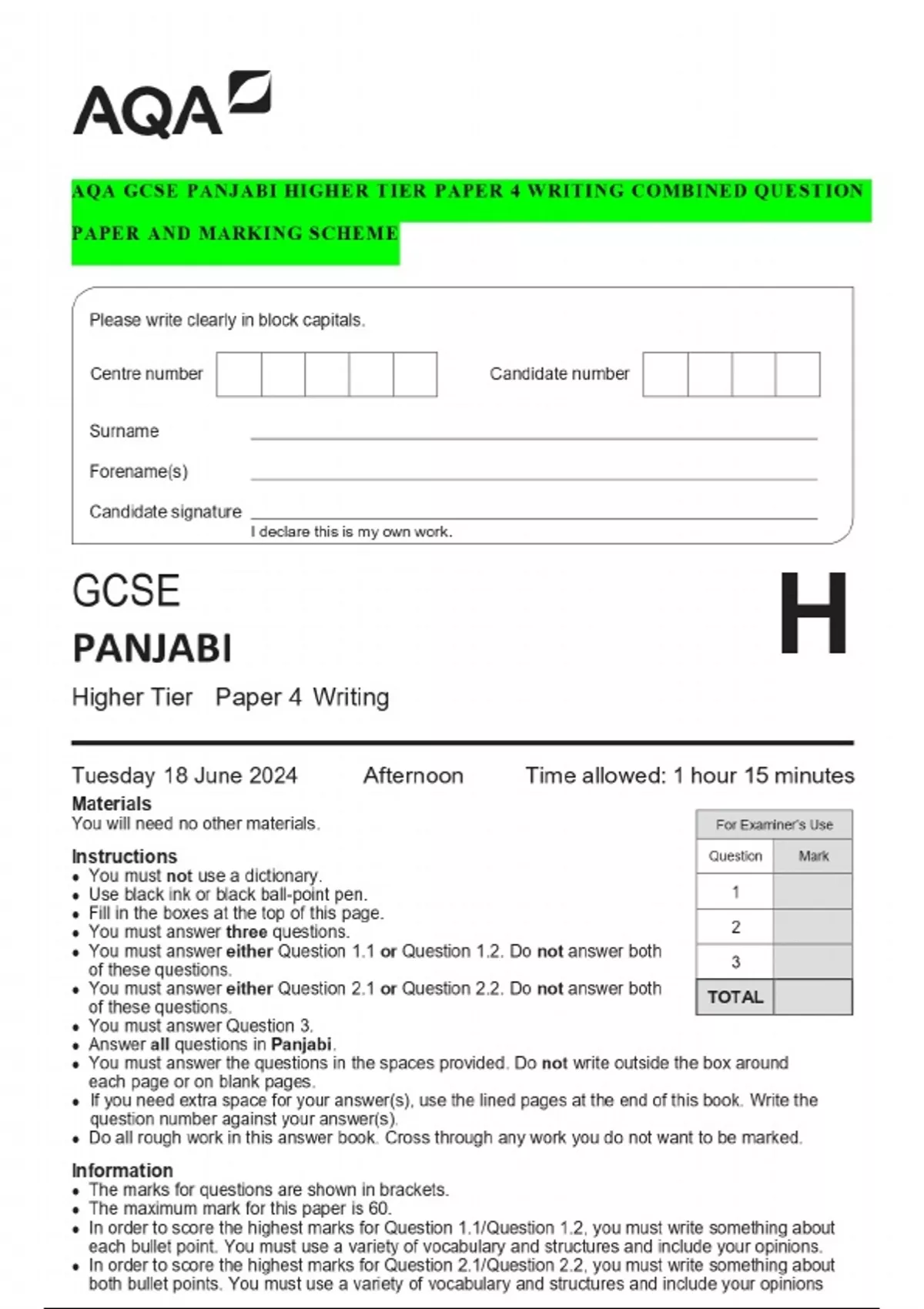 AQA GCSE PANJABI HIGHER TIER PAPER 4 WRITING COMBINED QUESTION PAPER ...