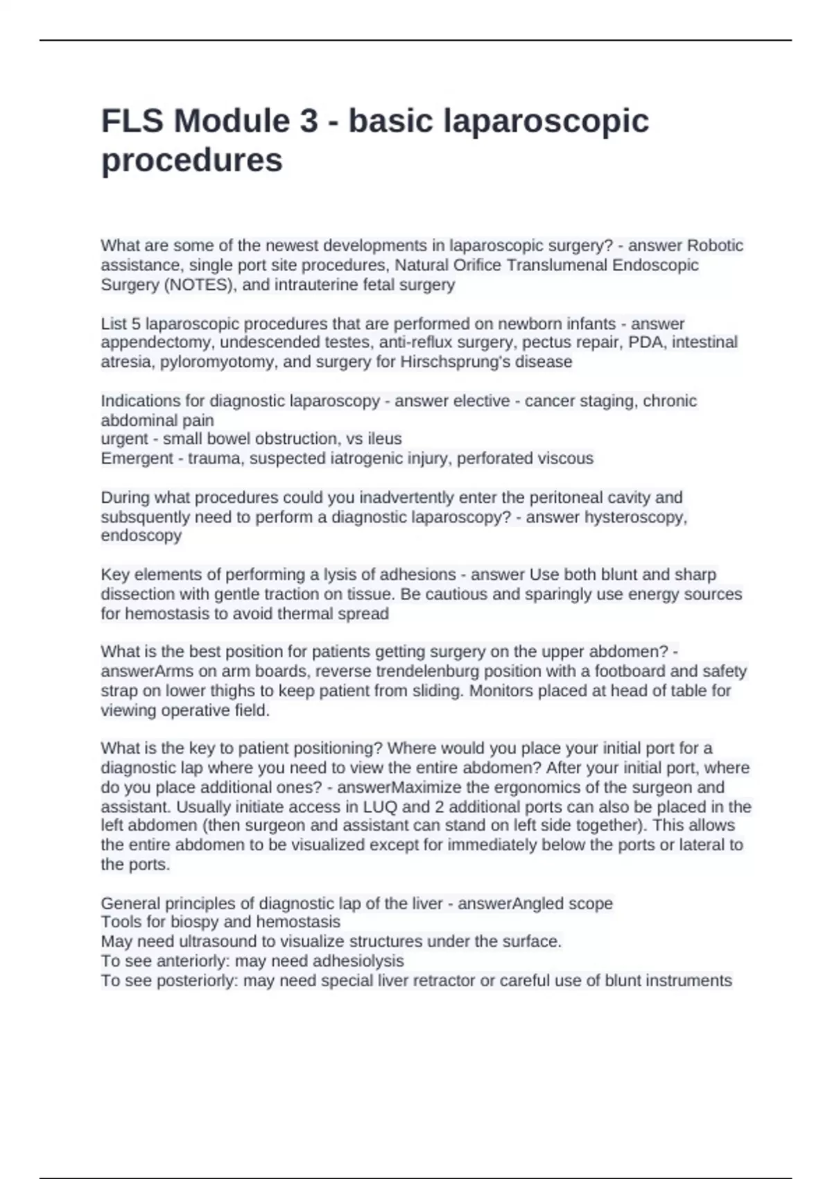 FLS Module 3 - basic laparoscopic procedures Questions with Correct Answers - FLS - Stuvia US