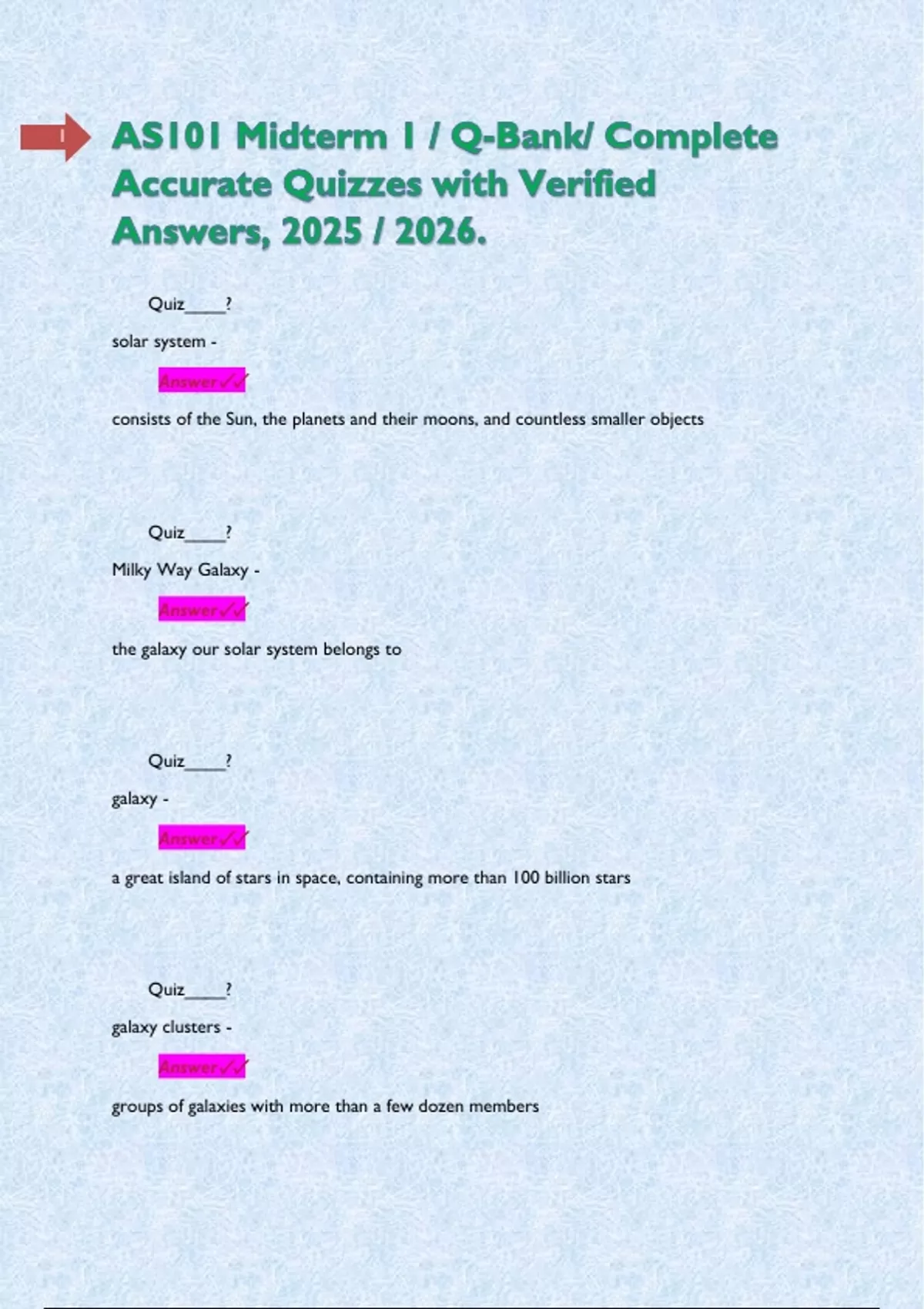 AS101 Midterm 1 / Q-Bank/ Complete Accurate Quizzes with Verified Answers, 2025 / 2026. - AS101 ...