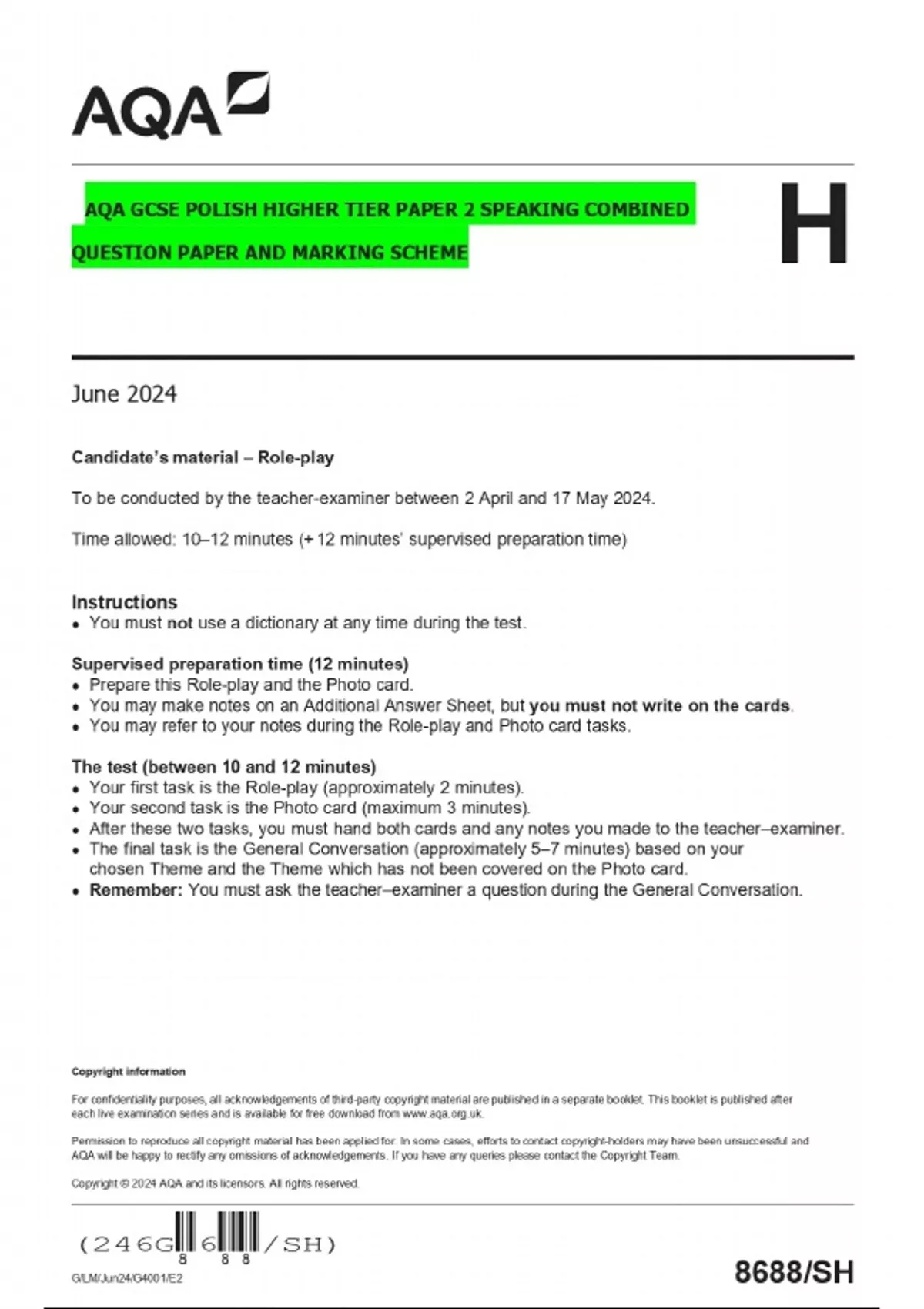 AQA GCSE POLISH HIGHER TIER PAPER 2 SPEAKING COMBINED QUESTION PAPER ...