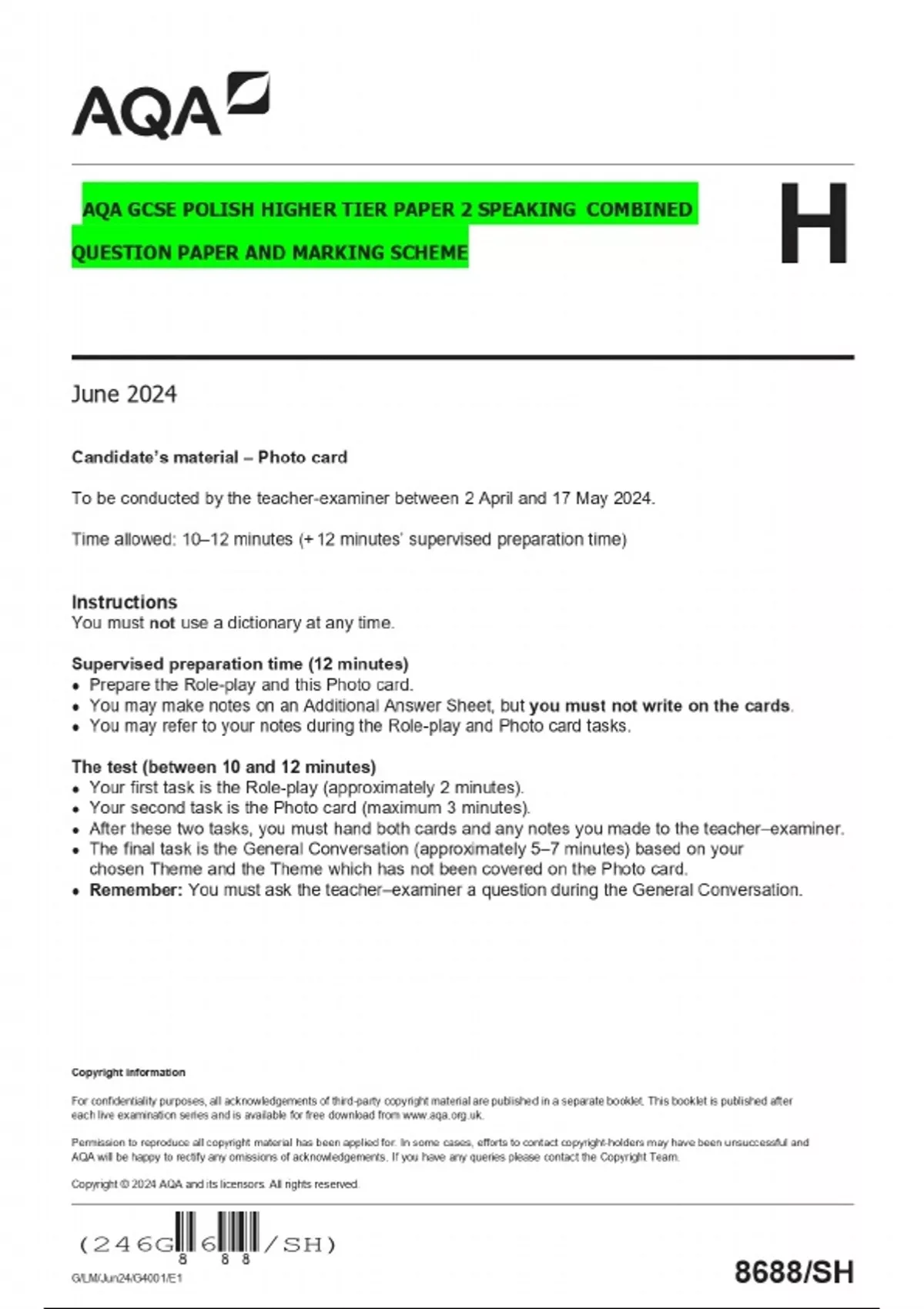 AQA GCSE POLISH HIGHER TIER PAPER 2 SPEAKING COMBINED QUESTION PAPER AND MARKING SCHEME - AQA ...