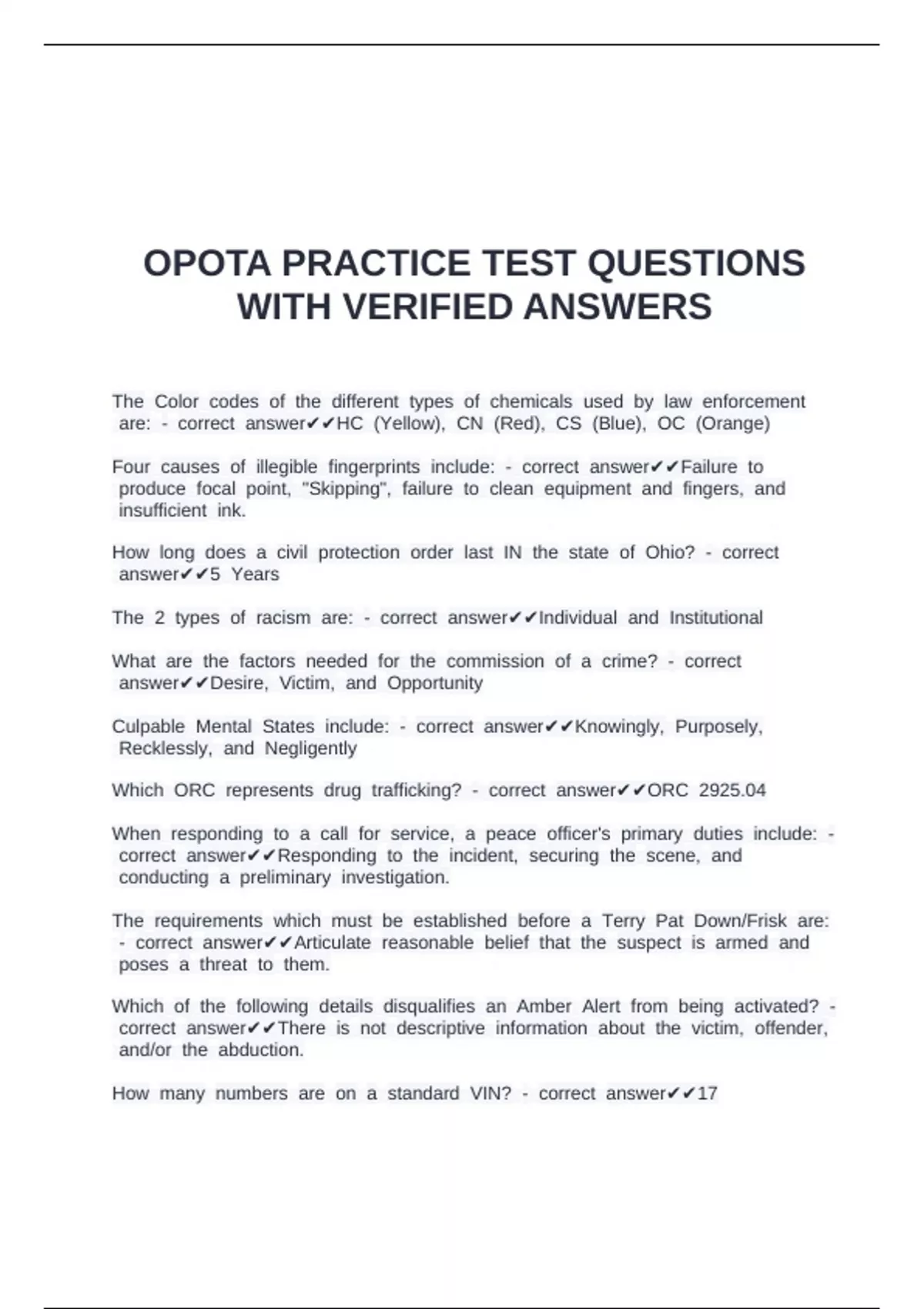 OPOTA PRACTICE TEST QUESTIONS WITH VERIFIED ANSWERS - Opota - Stuvia US