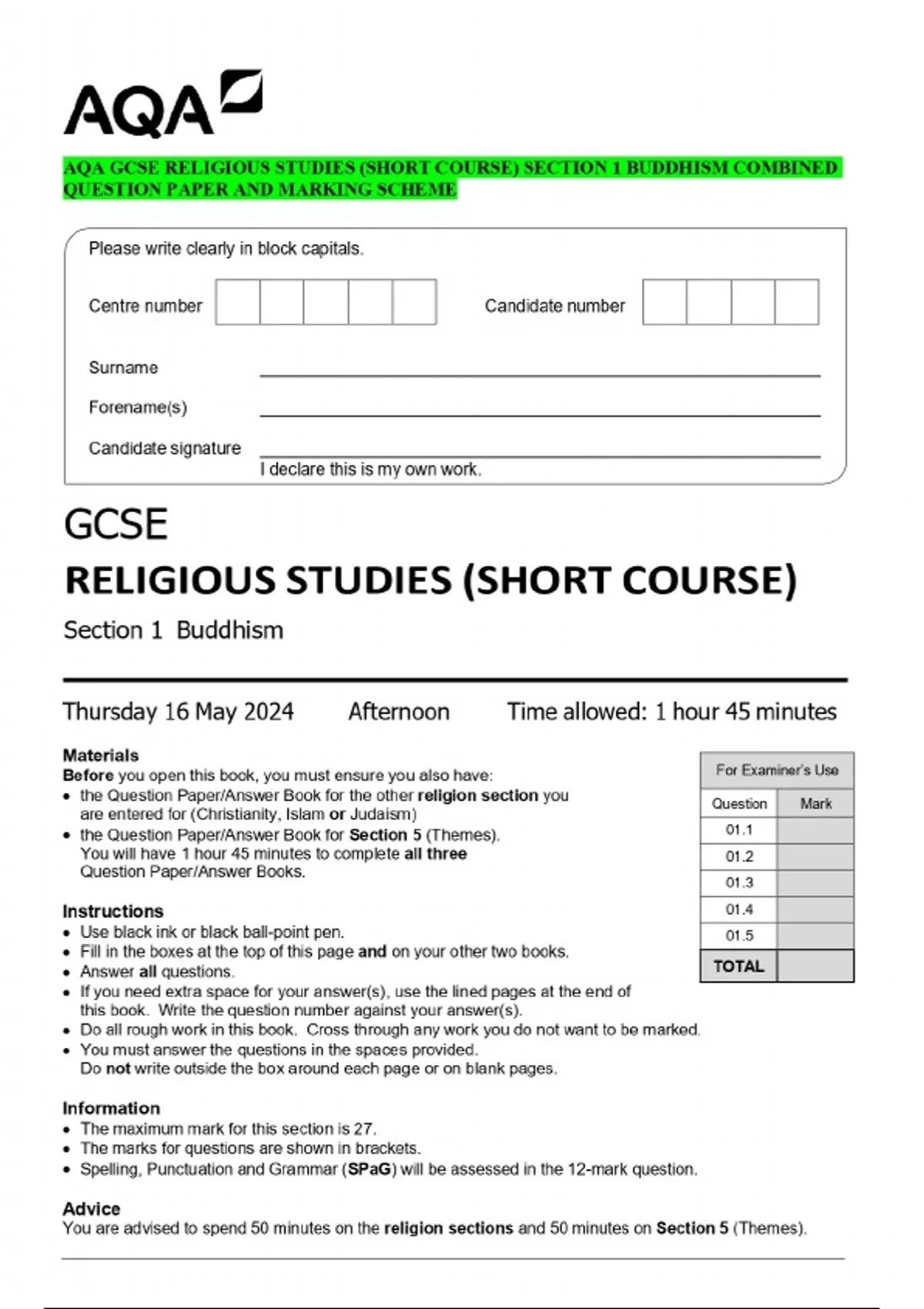 AQA GCSE RELIGIOUS STUDIES (SHORT COURSE) SECTION 1 BUDDHISM COMBINED ...