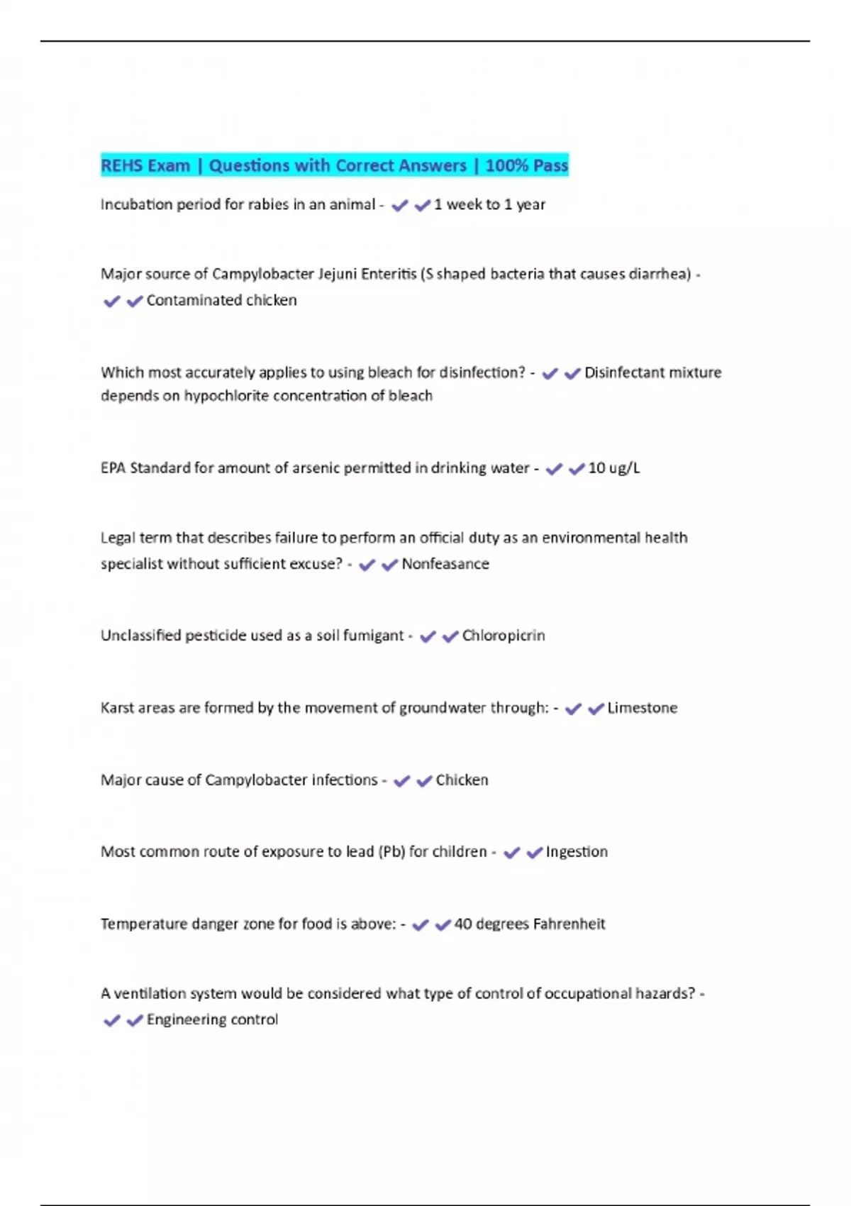 REHS Exam | Questions with Correct Answers | 100% Pass - REHS - Stuvia US