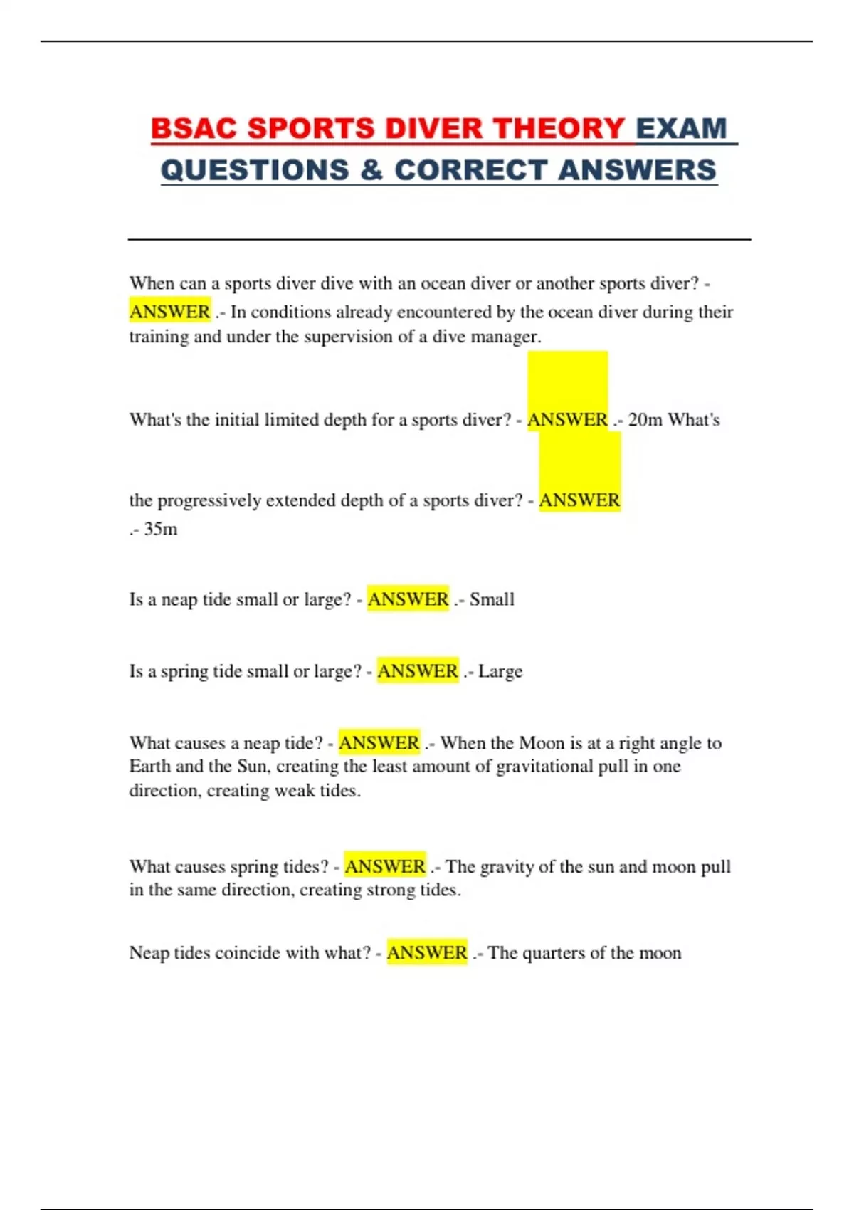 BSAC Sports Diver – British Sub-Aqua Club – Full Theory Exam Questions ...