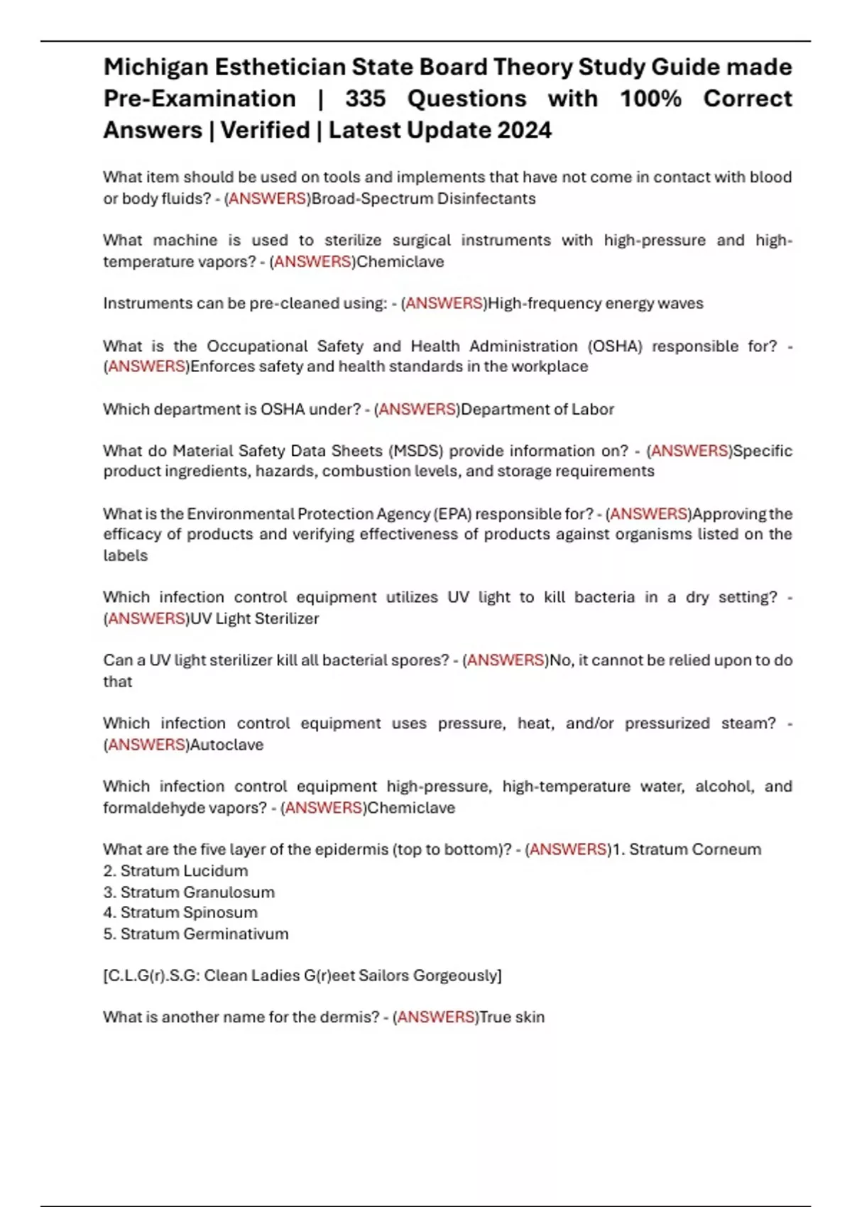 Michigan Esthetician State Board Theory Study Guide made Pre ...