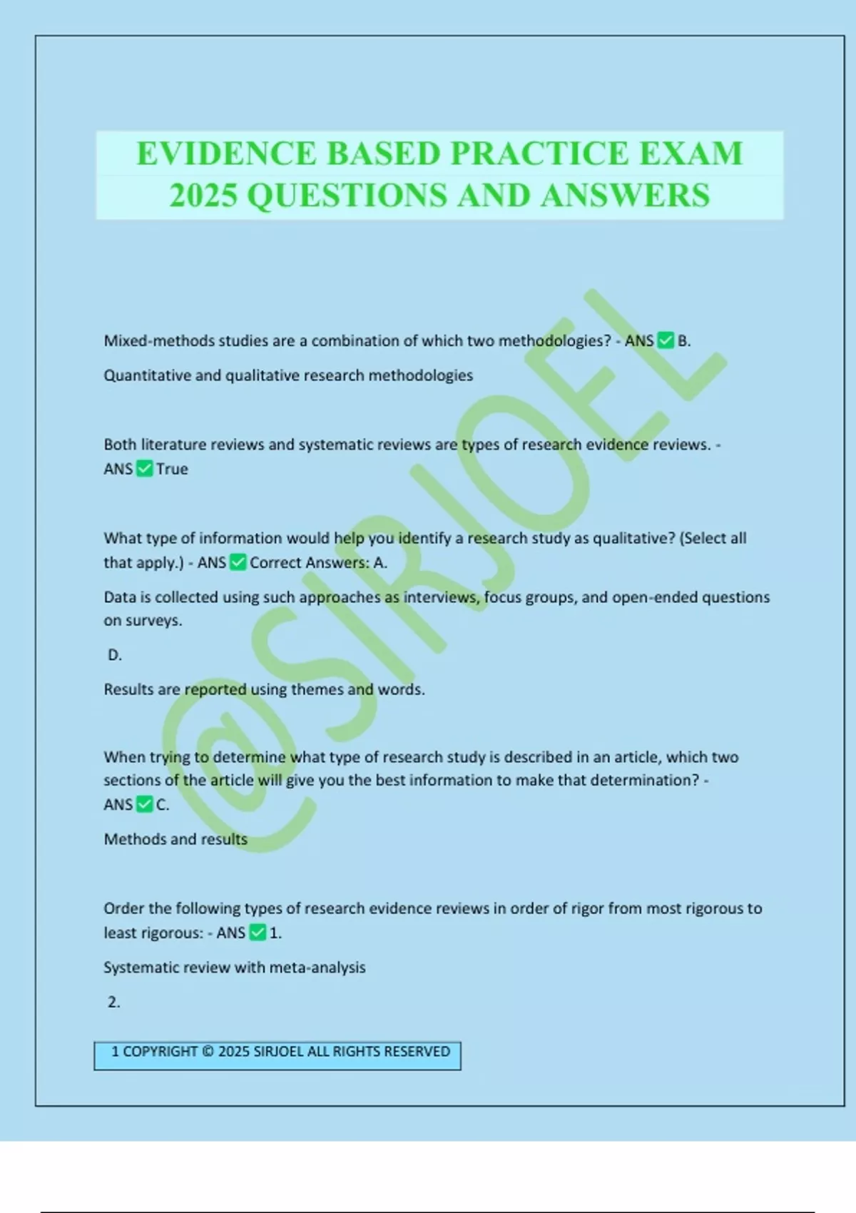 EVIDENCE BASED PRACTICE EXAM 2025 QUESTIONS AND ANSWERS - EVIDENCE ...