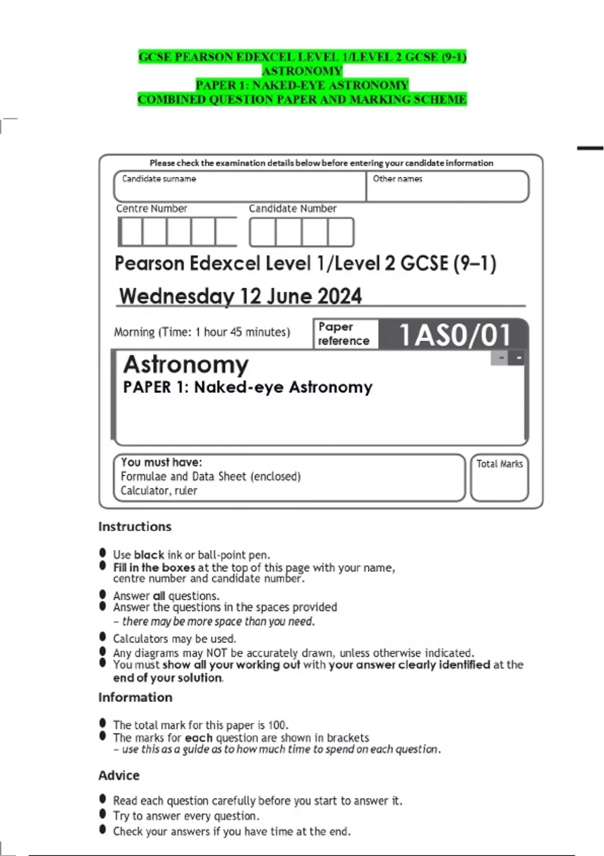 GCSE PEARSON EDEXCEL LEVEL 1/LEVEL 2 GCSE (9–1) ASTRONOMY PAPER 1 ...