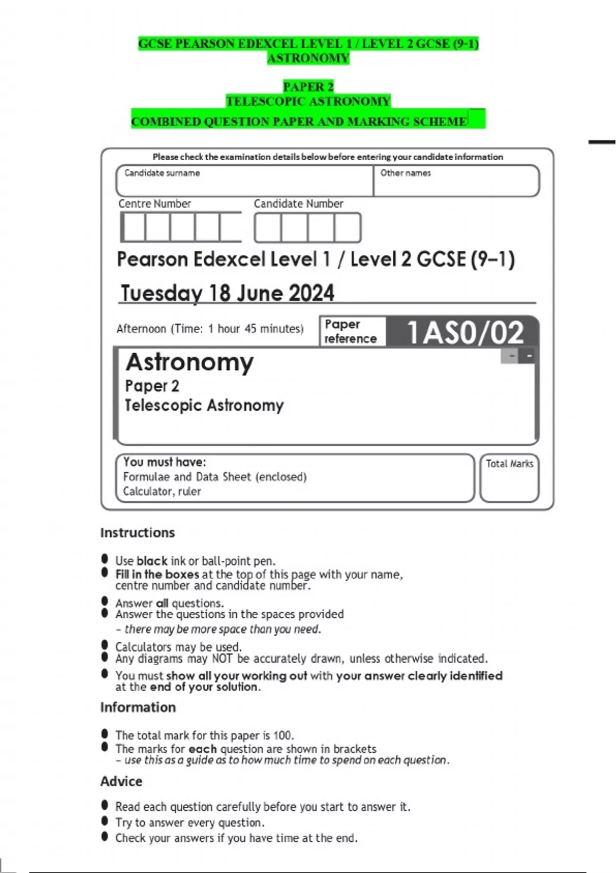 GCSE PEARSON EDEXCEL LEVEL 1 / LEVEL 2 GCSE (9–1) ASTRONOMY PAPER 2 ...