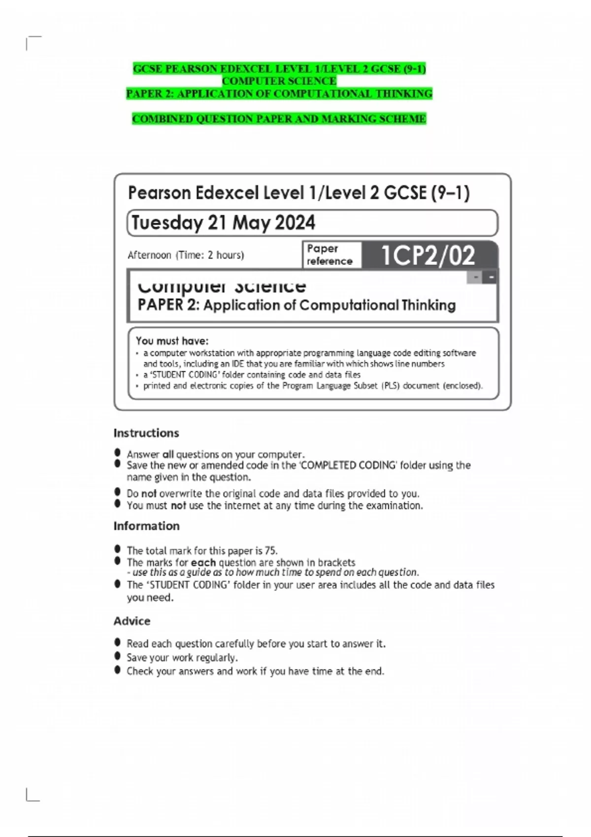 GCSE PEARSON EDEXCEL LEVEL 1/LEVEL 2 GCSE (9–1) COMPUTER SCIENCE PAPER 2: APPLICATION OF ...