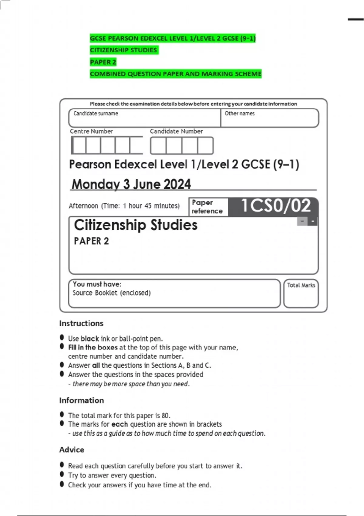 GCSE PEARSON EDEXCEL LEVEL 1/LEVEL 2 GCSE (9–1) CITIZENSHIP STUDIES ...