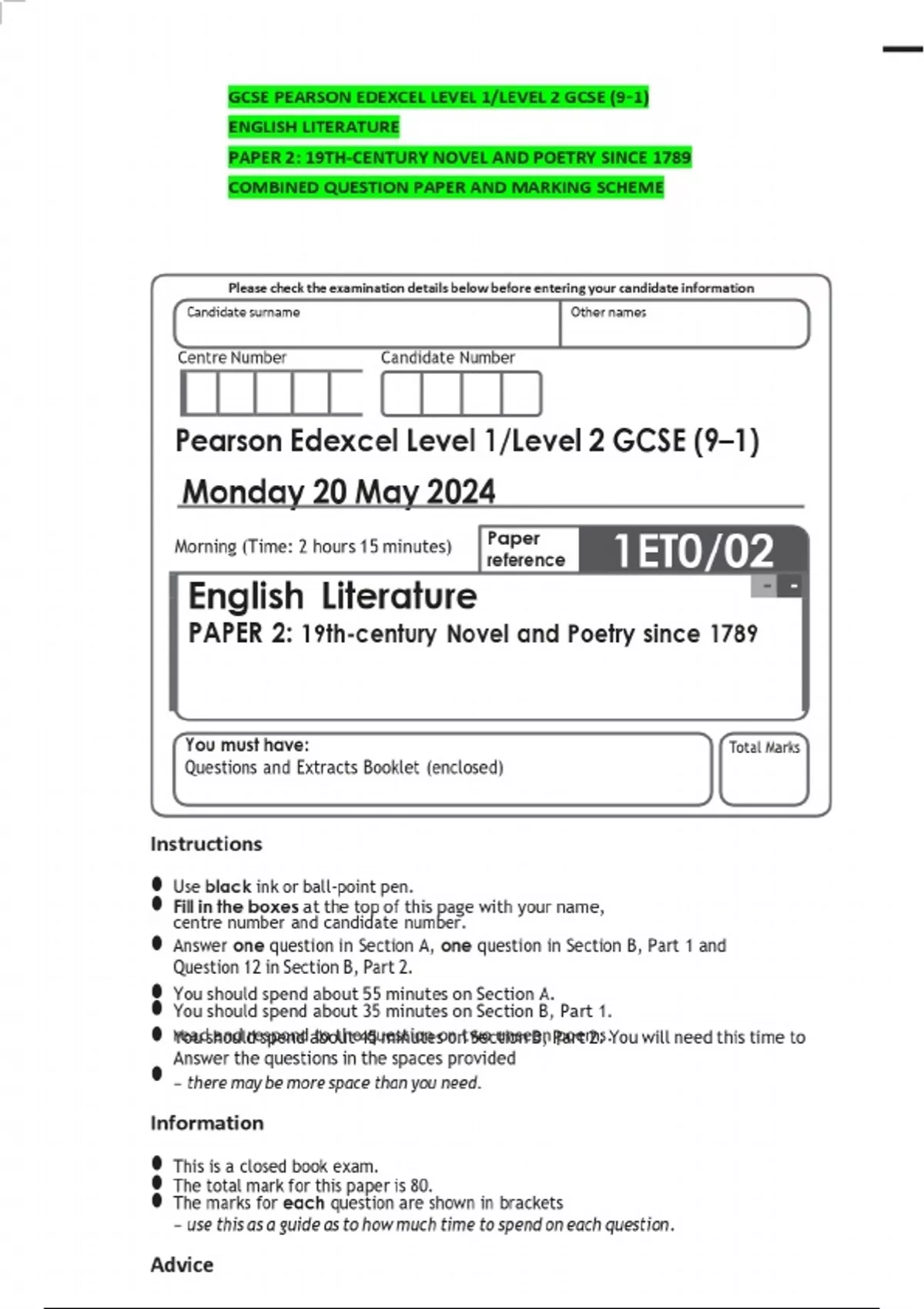 GCSE PEARSON EDEXCEL LEVEL 1/LEVEL 2 GCSE (9–1) ENGLISH LITERATURE ...