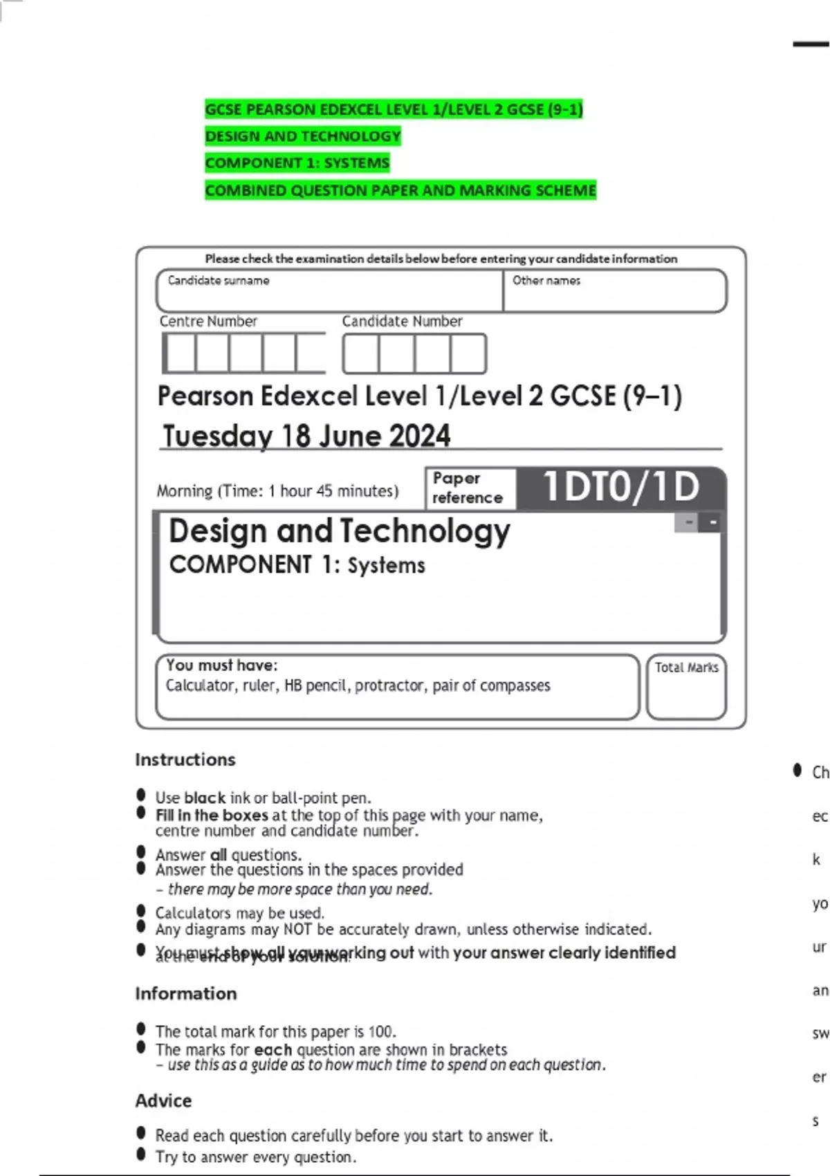 GCSE PEARSON EDEXCEL LEVEL 1/LEVEL 2 GCSE (9–1) DESIGN AND TECHNOLOGY ...