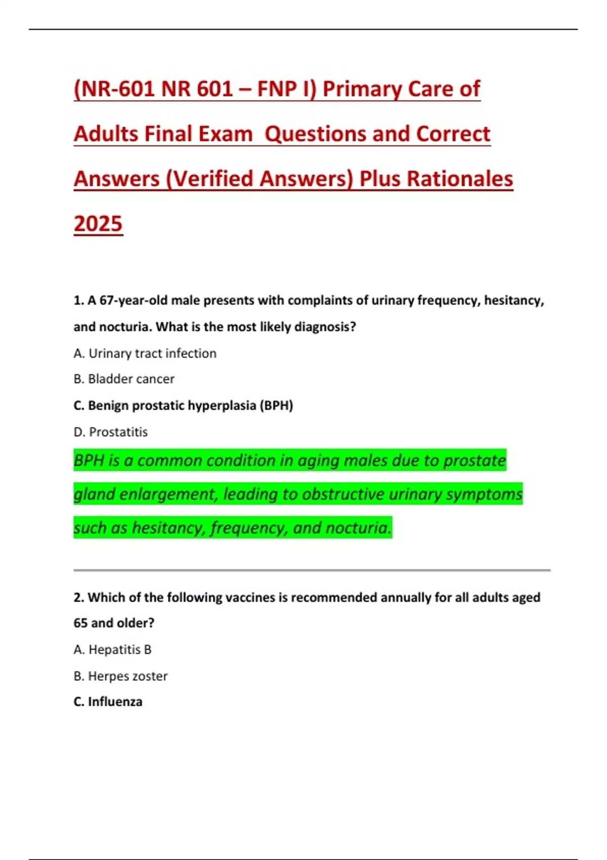 (NR-601 NR 601 – FNP I) Primary Care of Adults Final Exam Questions and ...