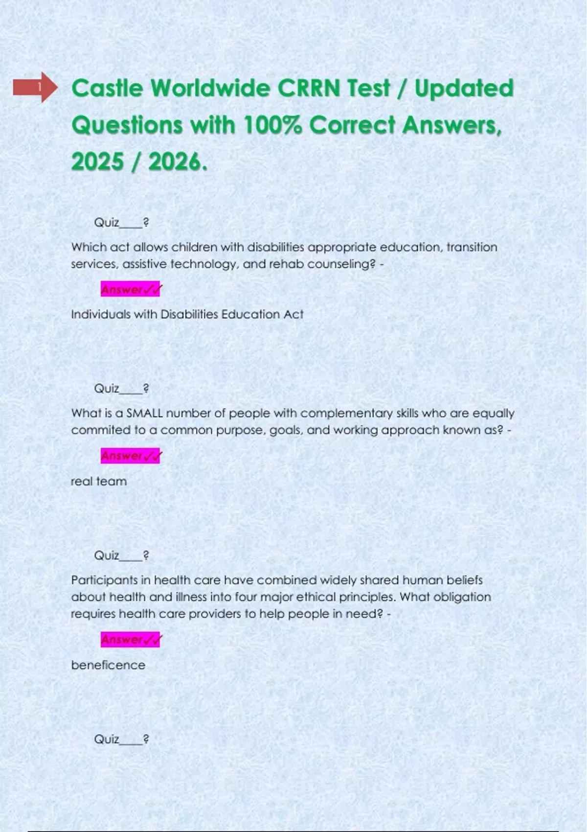 Castle Worldwide CRRN Test / Updated Questions with 100% Correct ...