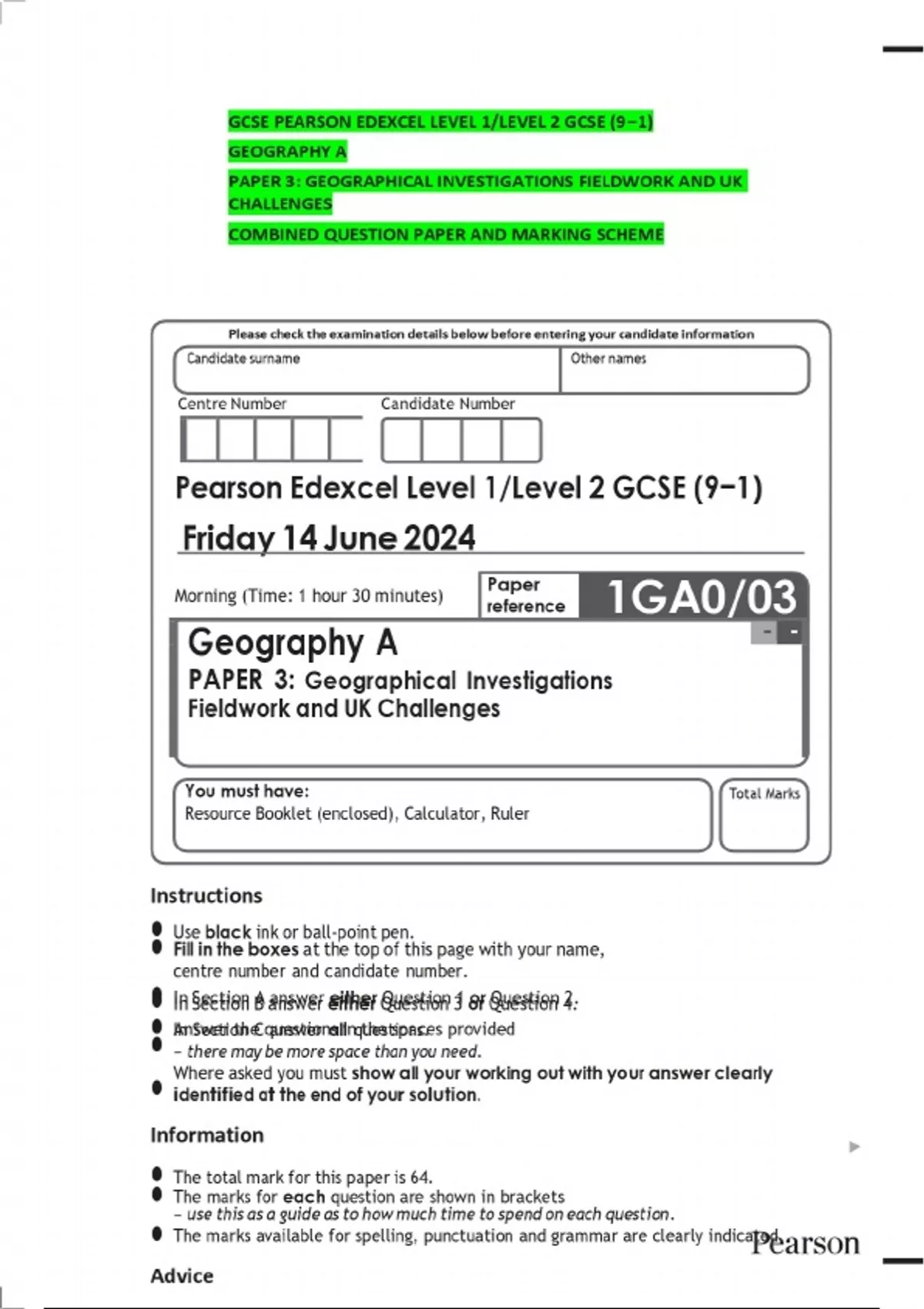 GCSE PEARSON EDEXCEL LEVEL 1/LEVEL 2 GCSE (9−1) GEOGRAPHY A PAPER 3 ...