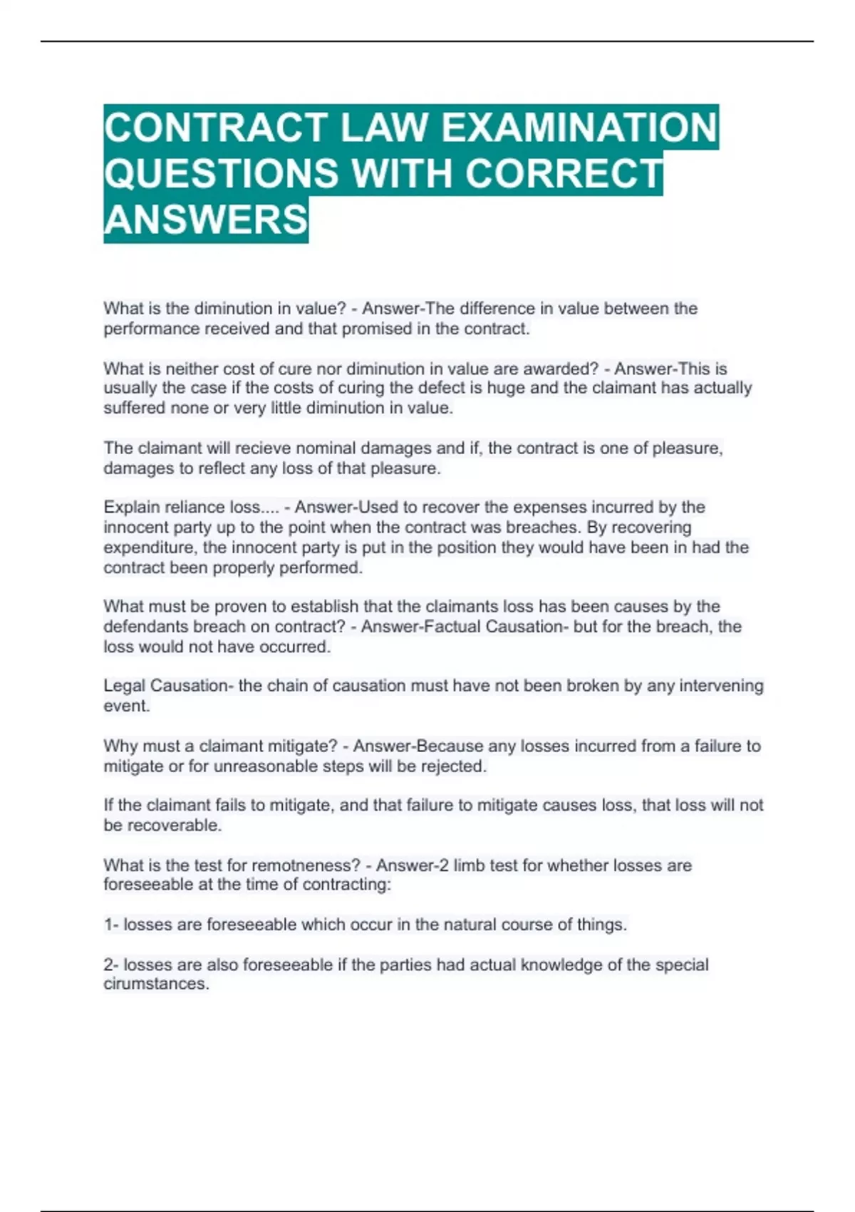 CONTRACT LAW EXAMINATION QUESTIONS WITH CORRECT ANSWERS - CONTRACT LAW ...