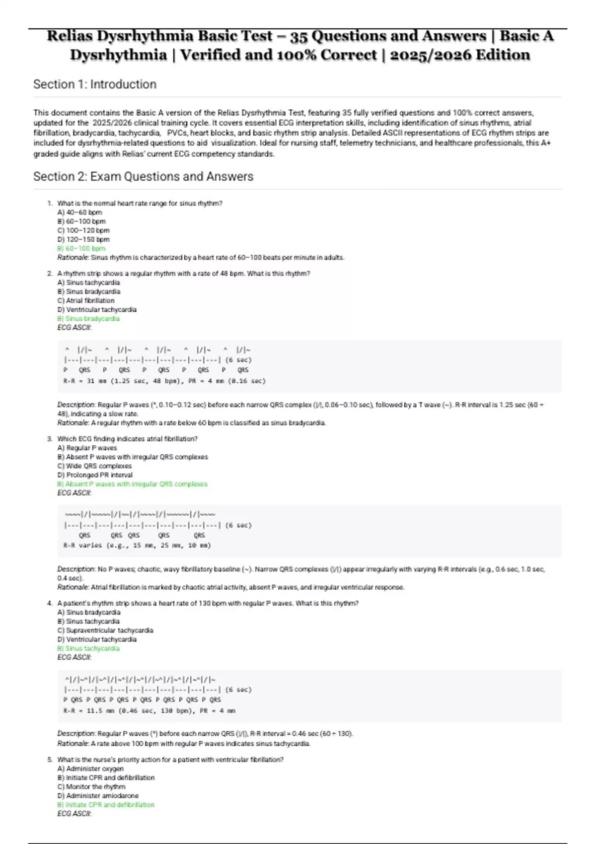 Relias Dysrhythmia Basic Test – Basic A | 35 Verified Questions and 100 ...