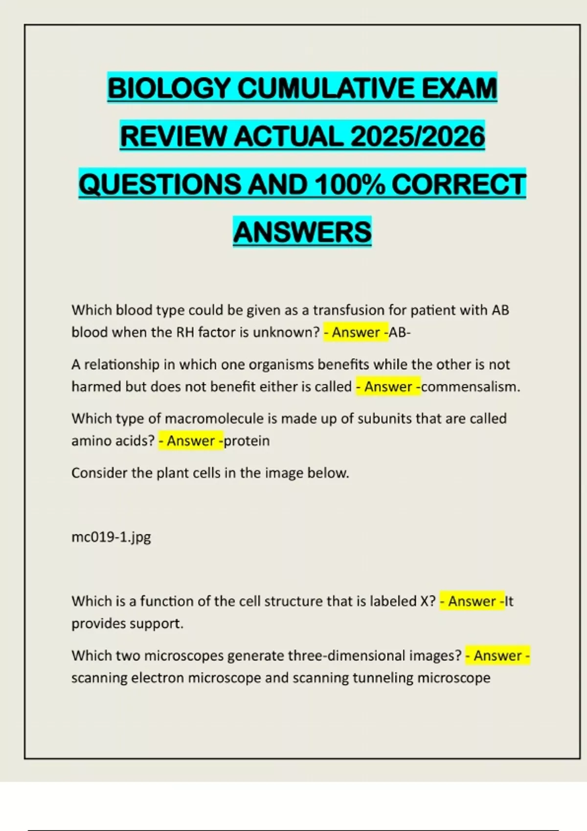 BIOLOGY CUMULATIVE EXAM REVIEW ACTUAL 2025/2026 QUESTIONS AND 100% ...