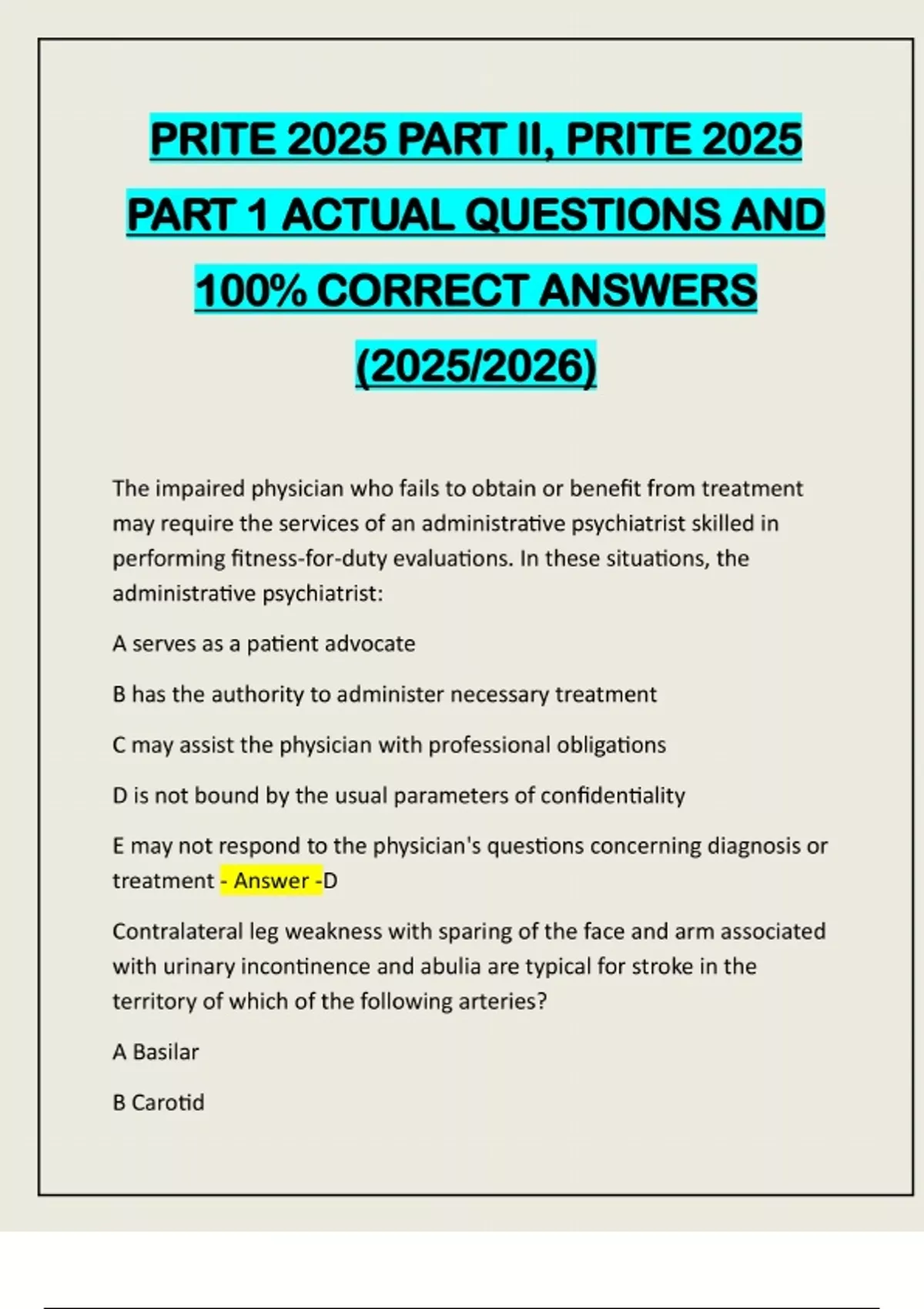 PRITE 2025 PART II, PRITE 2025 PART 1 ACTUAL QUESTIONS AND 100% CORRECT ...