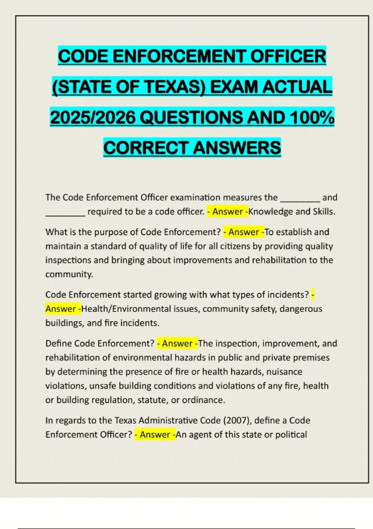 CODE ENFORCEMENT OFFICER (STATE OF TEXAS) EXAM ACTUAL 2025/2026 ...