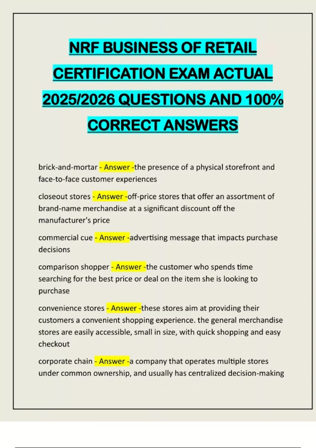 NRF BUSINESS OF RETAIL CERTIFICATION EXAM ACTUAL 2025/2026 QUESTIONS ...