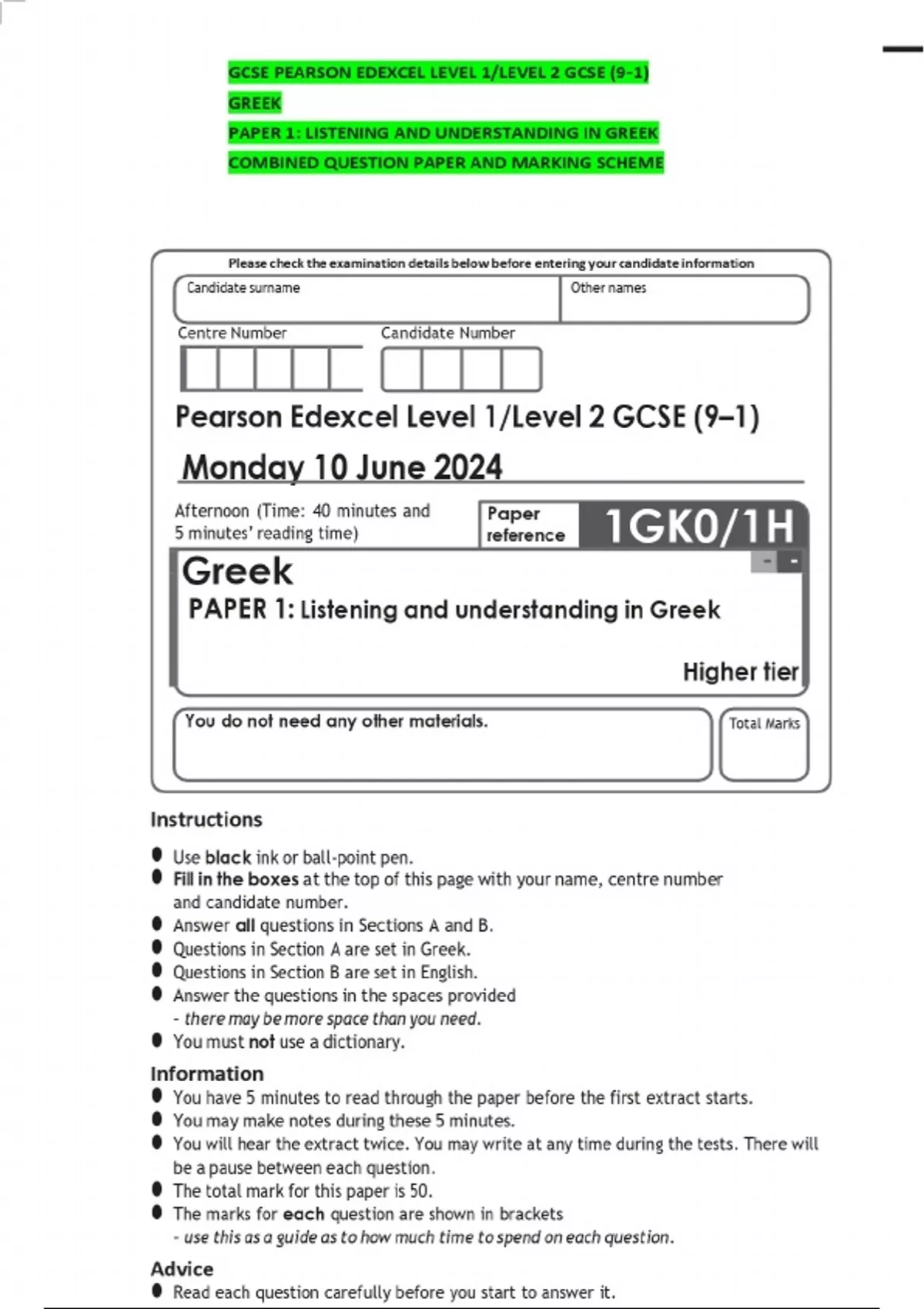 GCSE PEARSON EDEXCEL LEVEL 1/LEVEL 2 GCSE (9–1) GREEK PAPER 1 ...