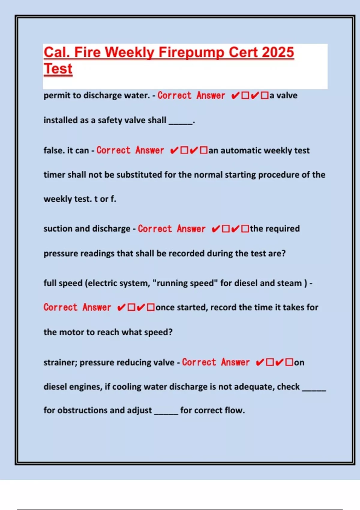 Cal. Fire Weekly Firepump Cert 2025 Test Questions With Correct ...