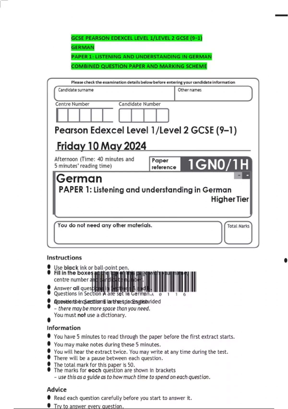 GCSE PEARSON EDEXCEL LEVEL 1/LEVEL 2 GCSE (9–1) GERMAN PAPER 1 ...