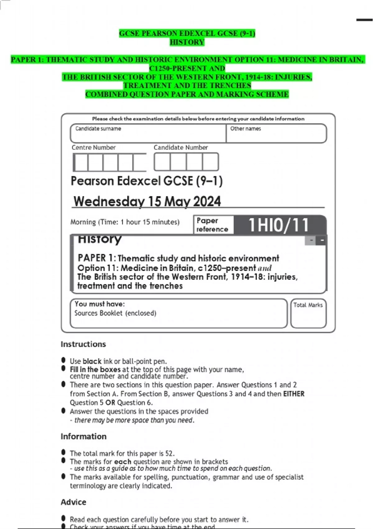 GCSE PEARSON EDEXCEL GCSE (9–1) HISTORY PAPER 1: THEMATIC STUDY AND ...