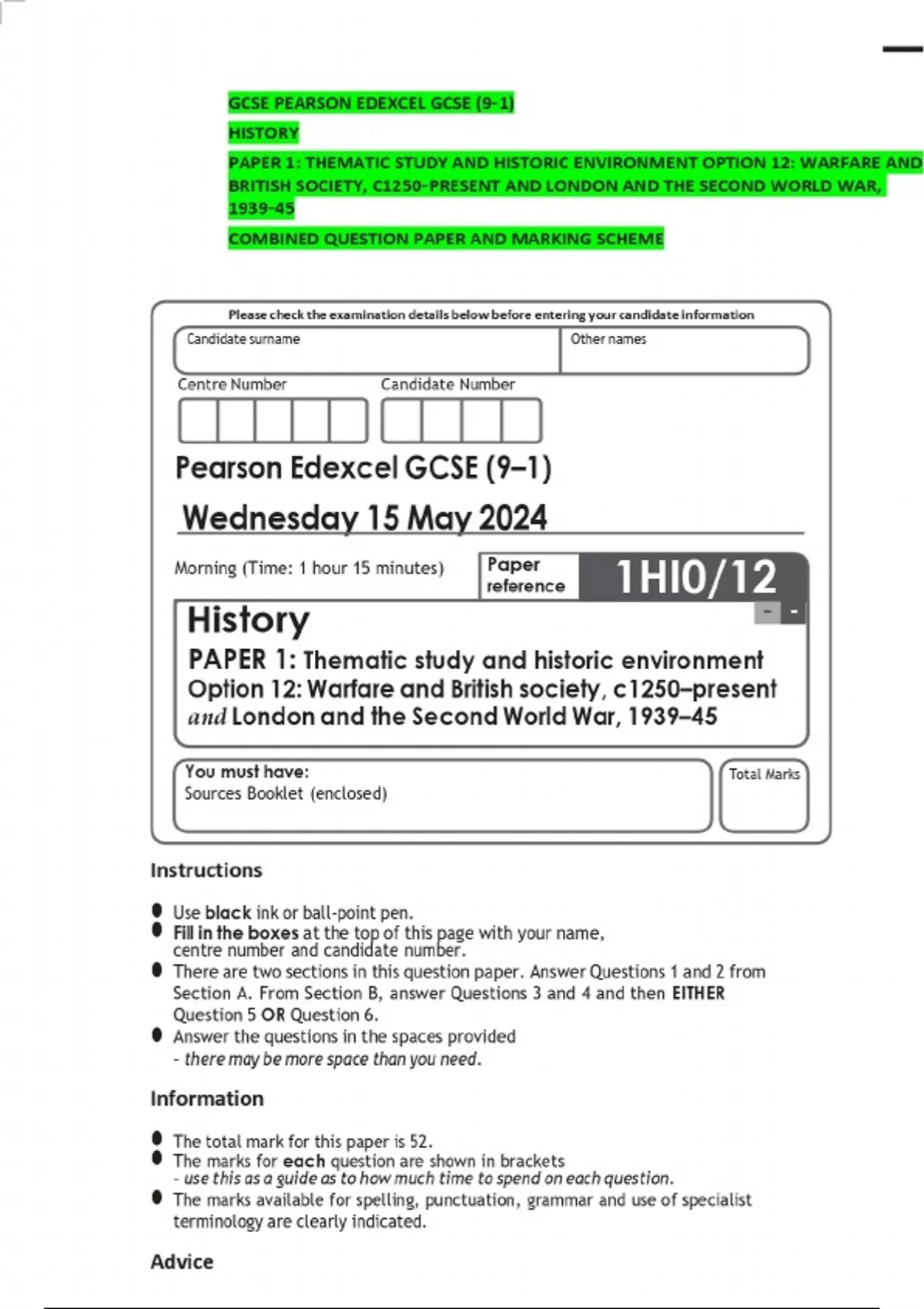GCSE PEARSON EDEXCEL GCSE (9–1) HISTORY PAPER 1: THEMATIC STUDY AND ...