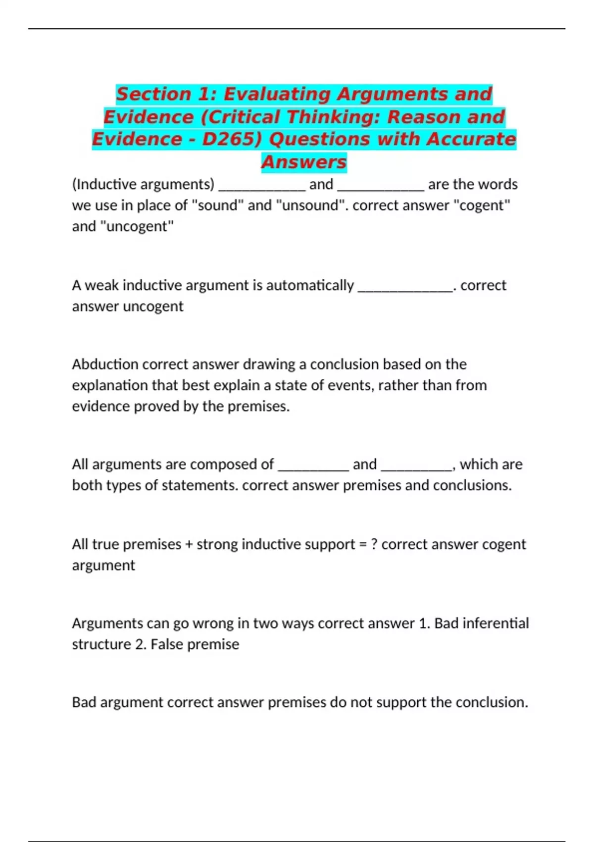 Section 1: Evaluating Arguments and Evidence (Critical Thinking: Reason and Evidence - D265 ...
