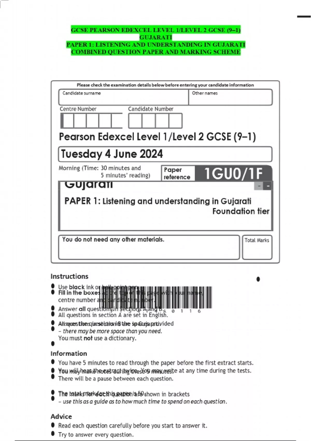 GCSE PEARSON EDEXCEL LEVEL 1/LEVEL 2 GCSE (9–1) GUJARATI PAPER 1 ...