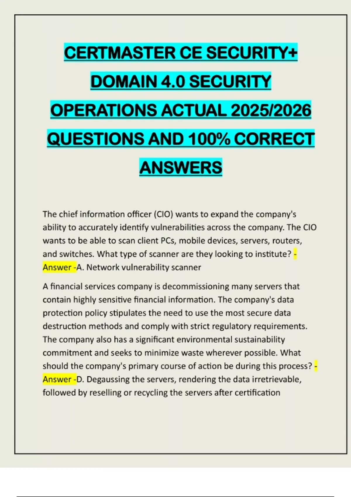 CERTMASTER CE SECURITY+ DOMAIN 4.0 SECURITY OPERATIONS ACTUAL 2025/2026 ...