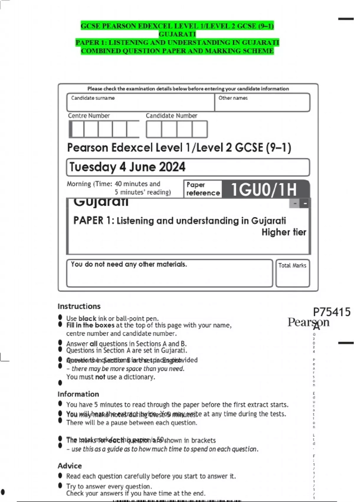 GCSE PEARSON EDEXCEL LEVEL 1/LEVEL 2 GCSE (9–1) GUJARATI PAPER 1 ...