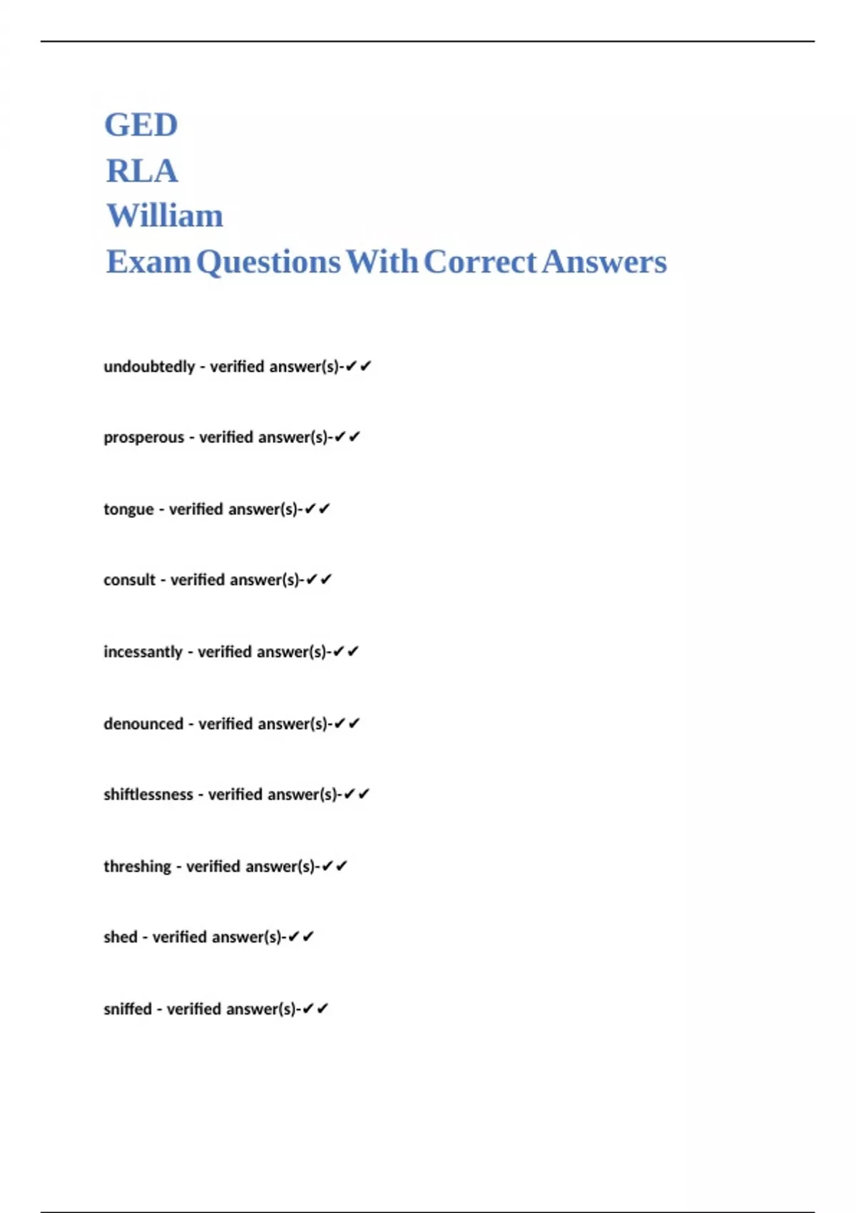 GED RLA William Exam Questions With Correct Answers - GED RLA - Stuvia US