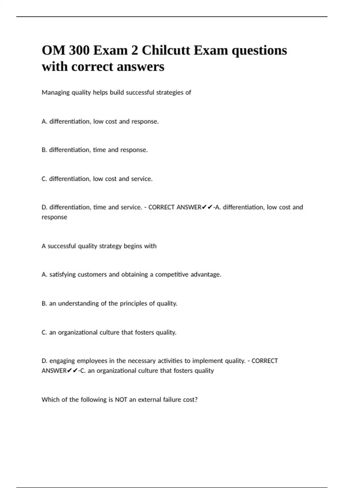 OM 300 Exam 2 Chilcutt Exam questions with correct answers. - OM 300 ...