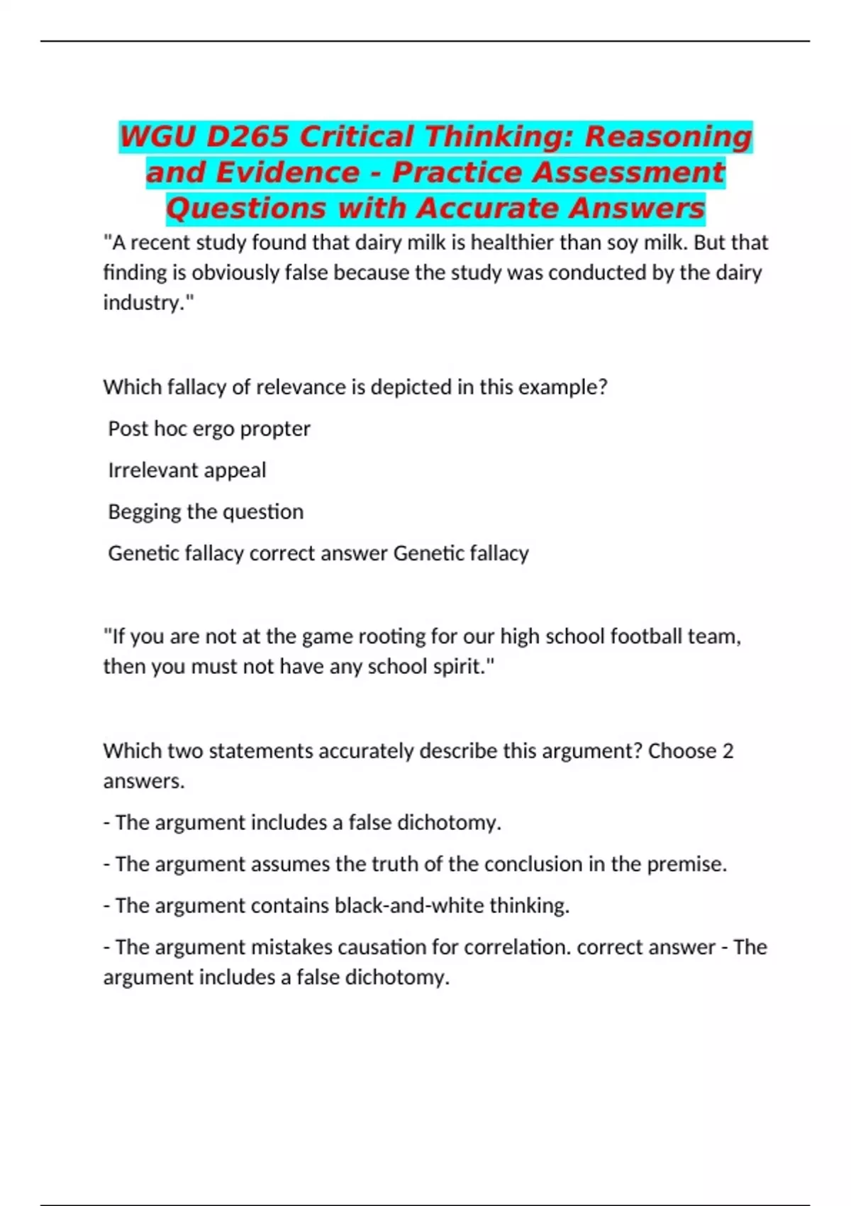 WGU D265 Critical Thinking: Reasoning and Evidence - Practice ...